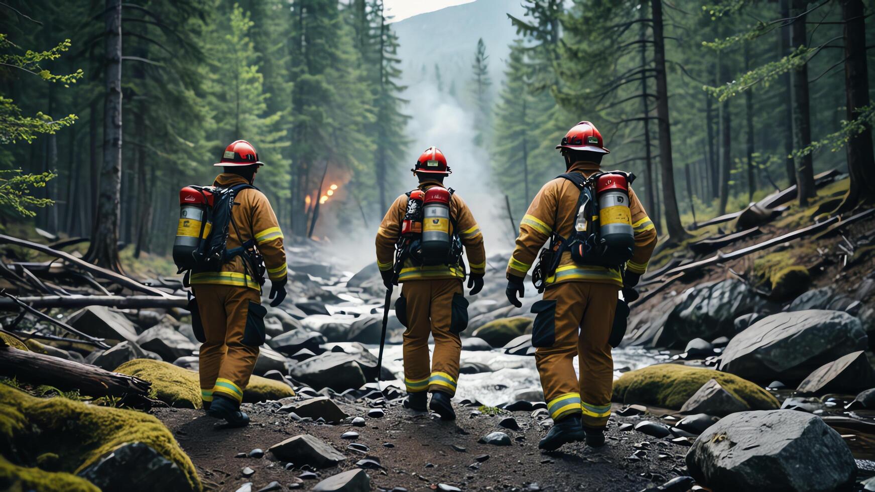 firefighters walking through a forest 46253314 Stock Photo at Vecteezy