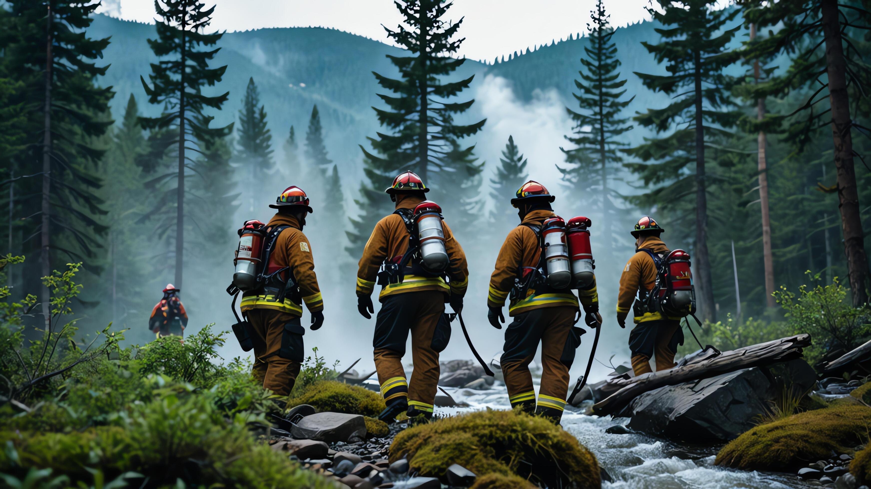 firefighters walking through a forest 46253320 Stock Photo at Vecteezy