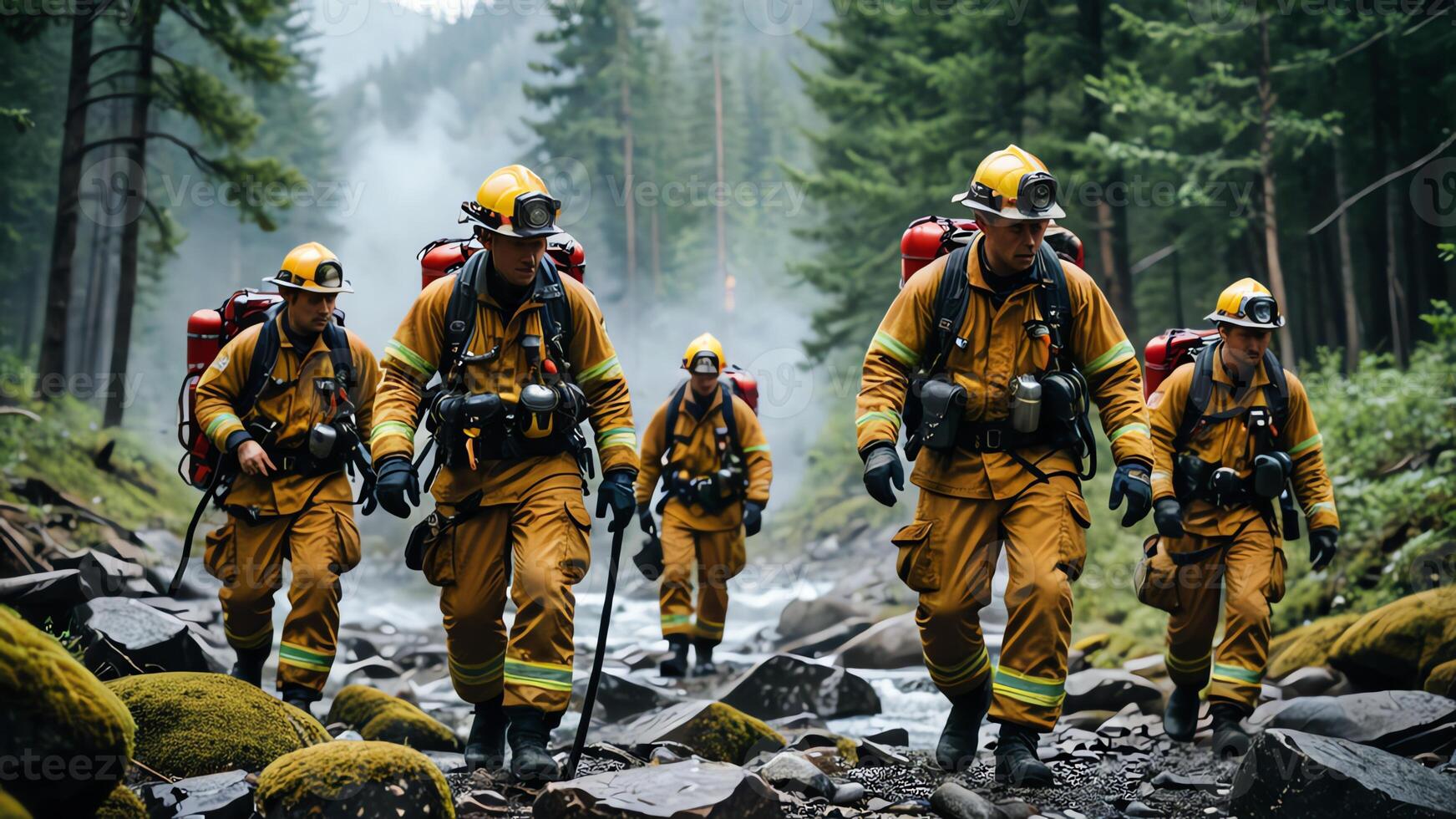 firefighters walking through a forest 46253321 Stock Photo at Vecteezy
