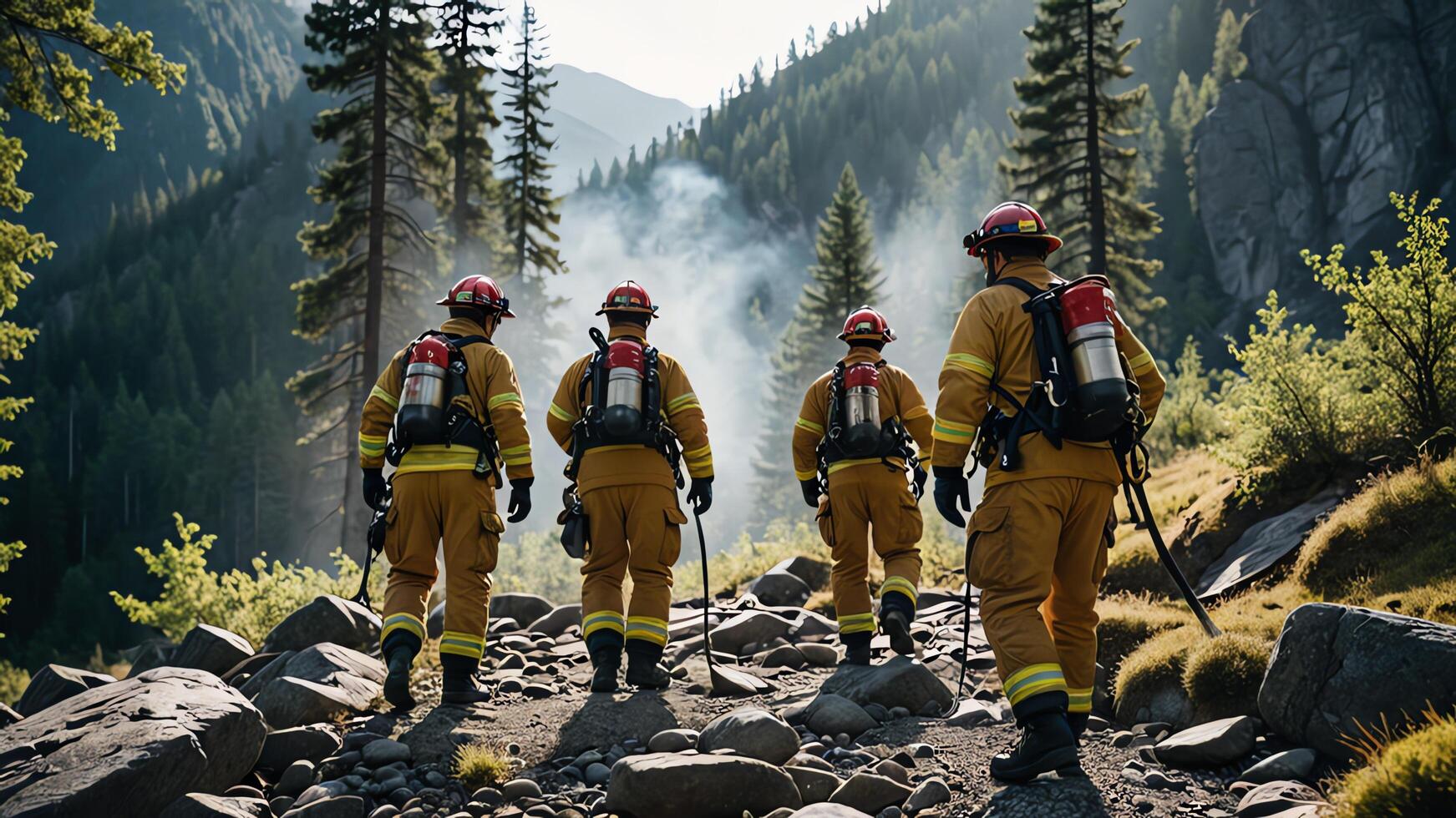 firefighters walking through a forest 46253322 Stock Photo at Vecteezy