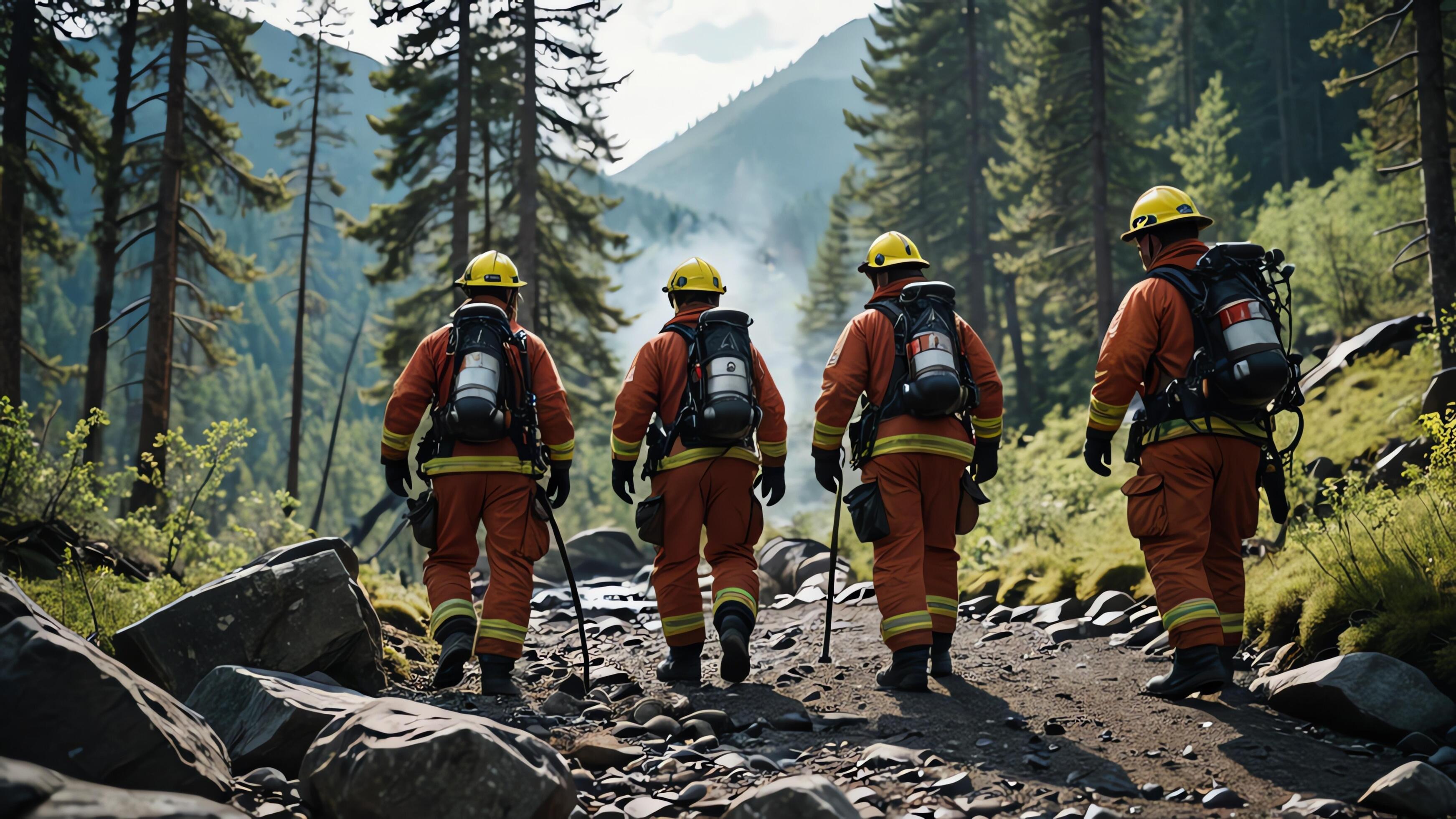 firefighters walking through a forest 46253323 Stock Photo at Vecteezy