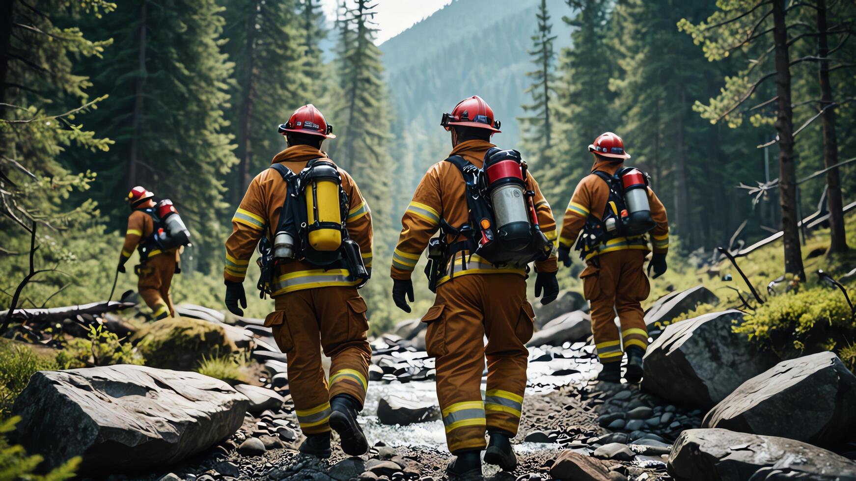 firefighters walking through a forest 46253324 Stock Photo at Vecteezy