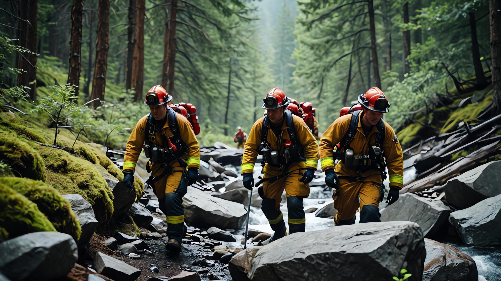 firefighters walking through a forest 46253330 Stock Photo at Vecteezy