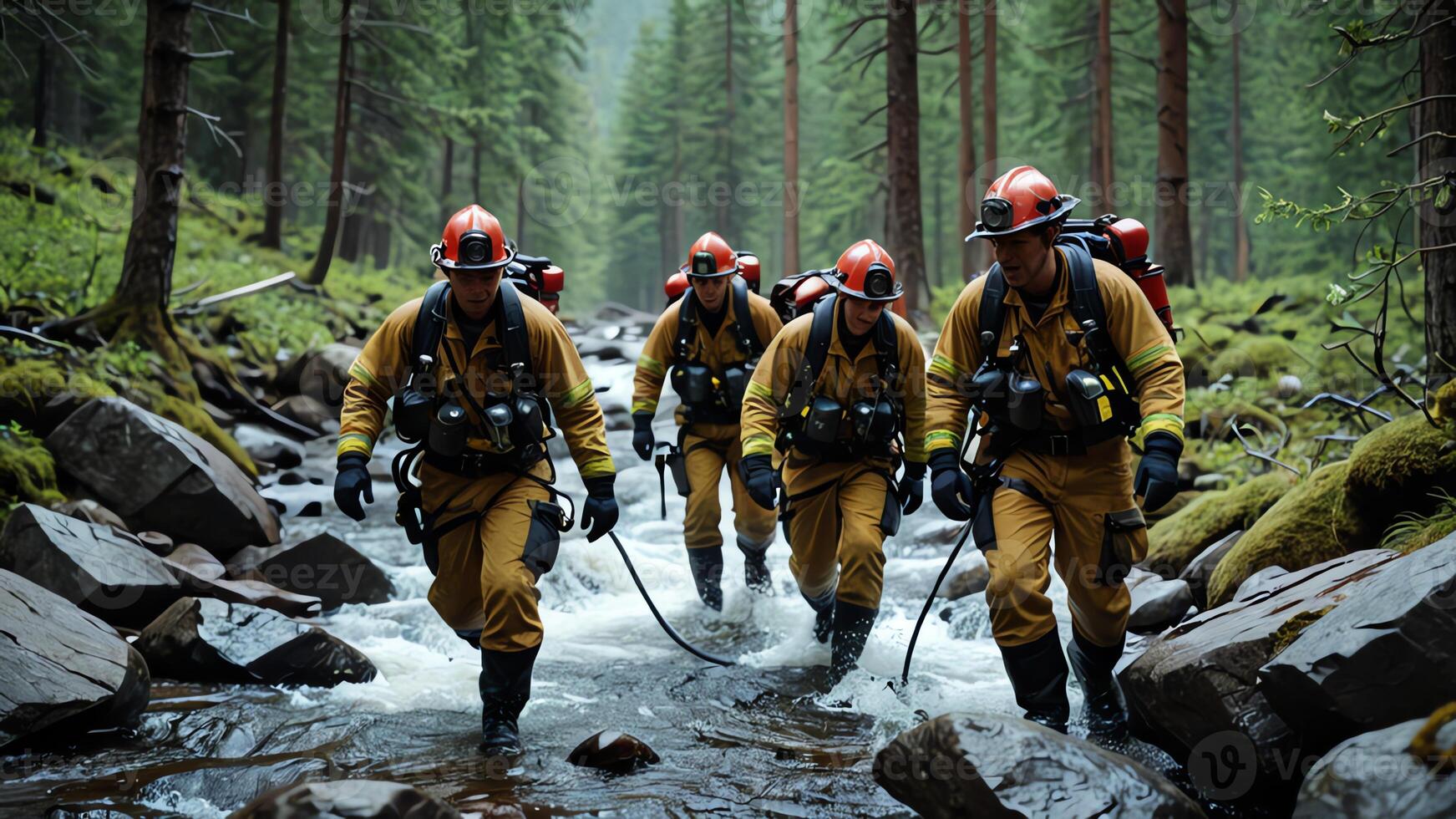 firefighters walking through a forest 46253334 Stock Photo at Vecteezy