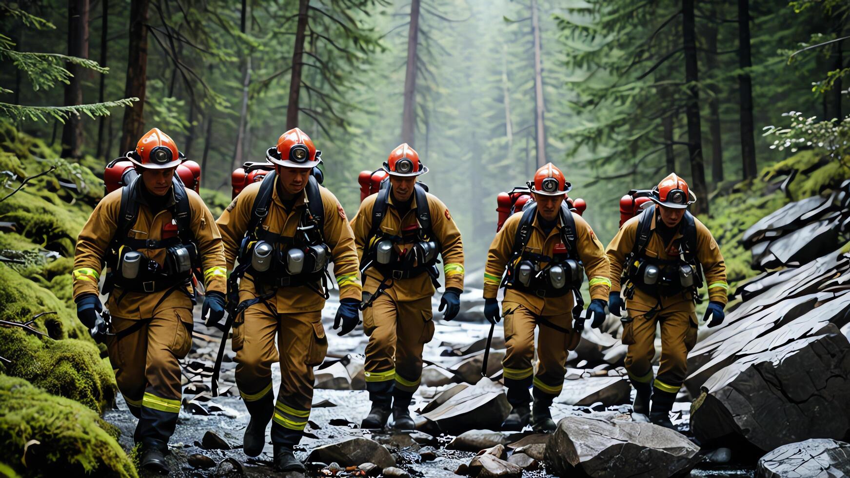 firefighters walking through a forest 46253335 Stock Photo at Vecteezy
