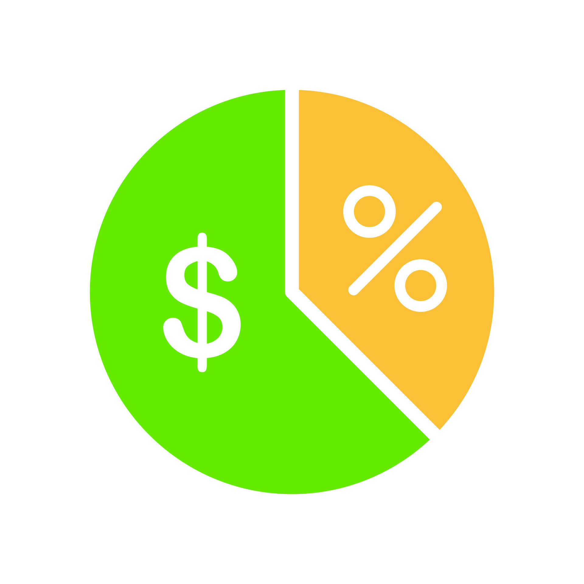 Budget allocation. Pie chart, diagram, discount, dollar sign, currency, money, percent ...