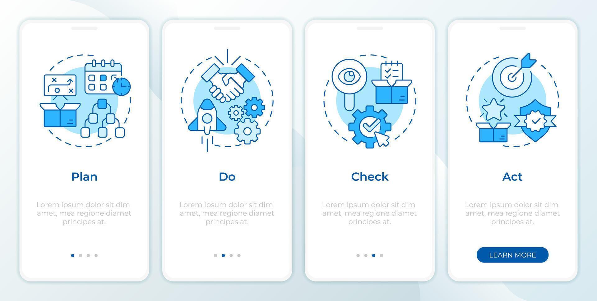 Pdca System Blue Onboarding Mobile App Screen Walkthrough 4 Steps Editable Graphic Instructions
