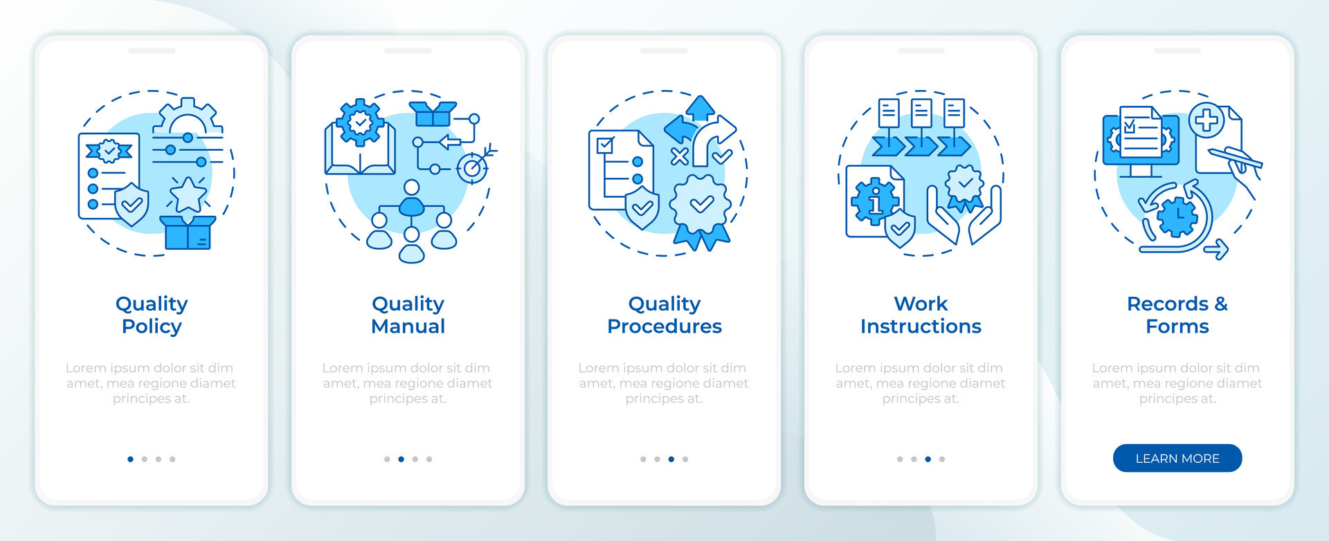 Qms Documents Blue Onboarding Mobile App Screen Walkthrough 5 Steps Editable Graphic