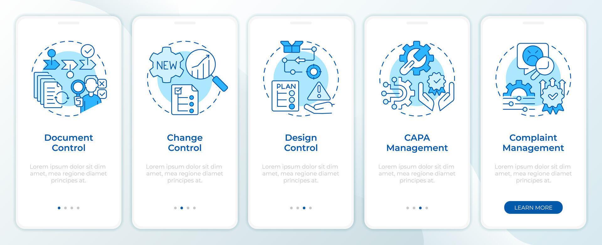 Qms Organization Blue Onboarding Mobile App Screen Walkthrough 5 Steps Editable Graphic