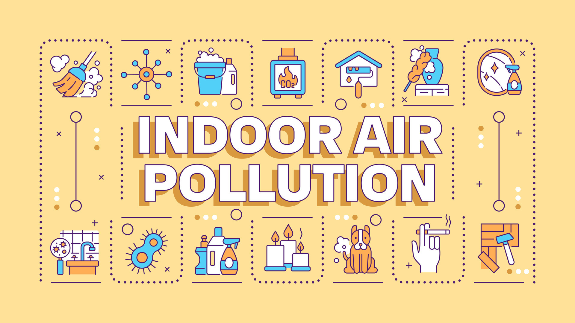 Indoor air pollution yellow word concept. Home air quality. Dust and ...