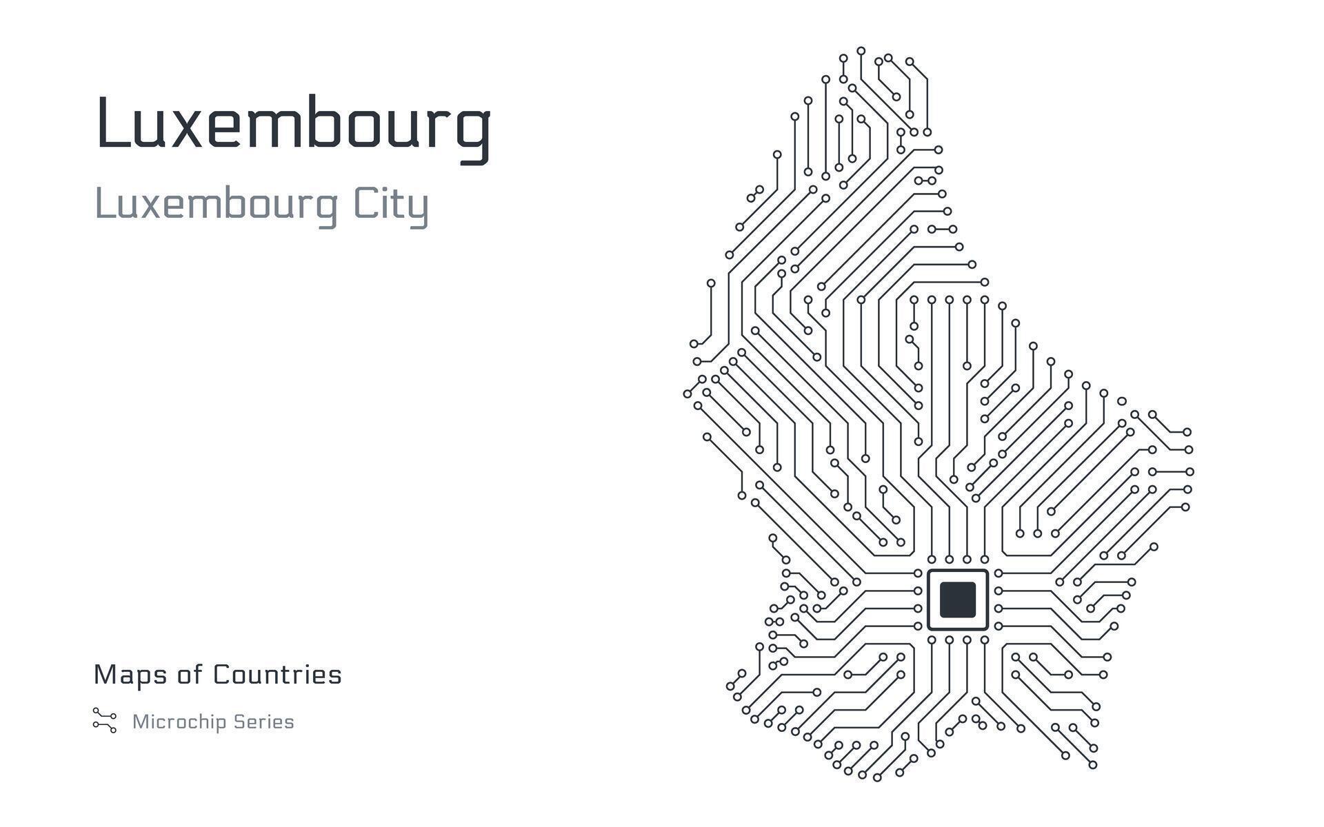 Luxembourg Map with a capital of Luxembourg City Shown in a Microchip Pattern with processor. E ...