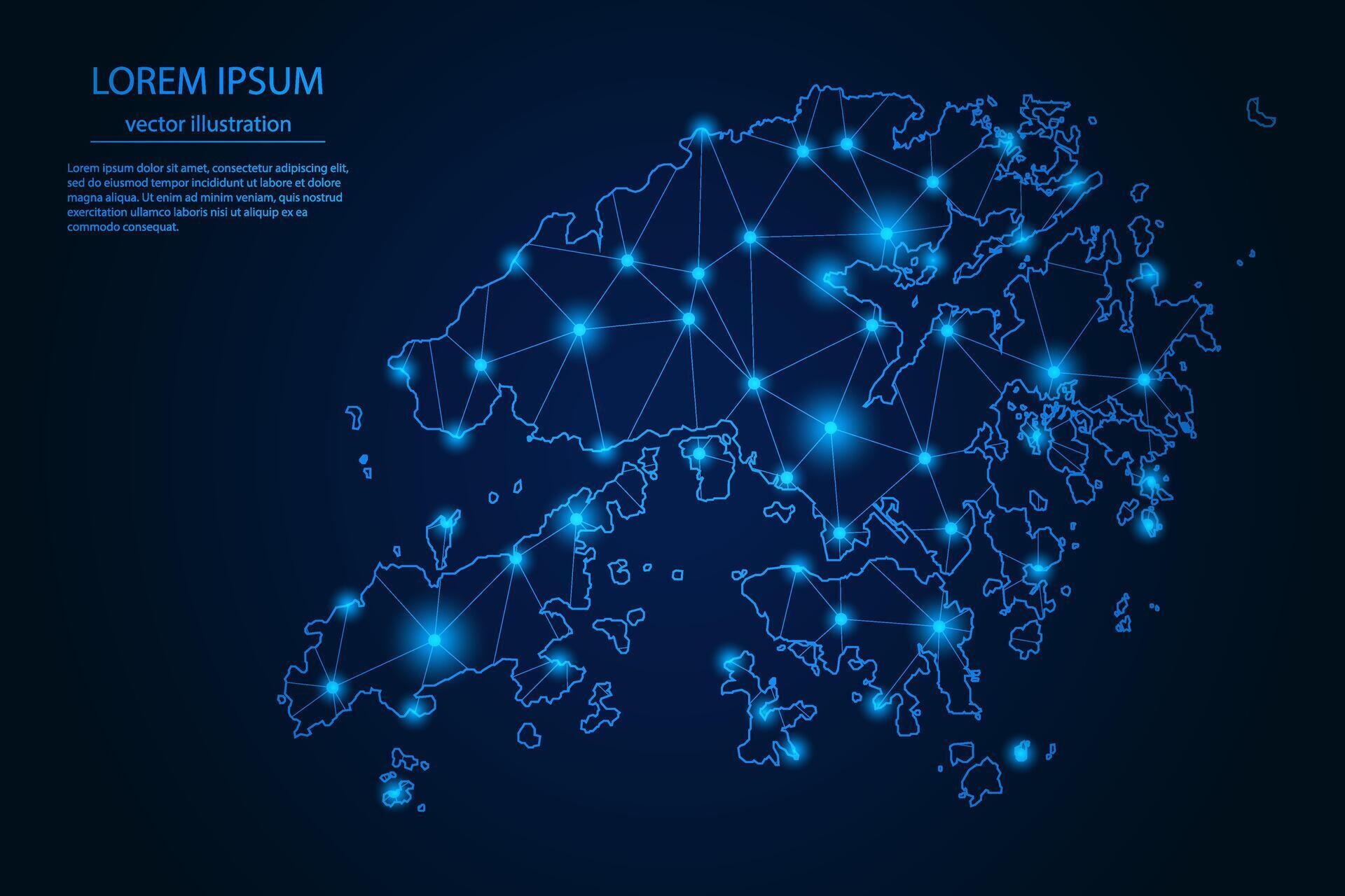Abstract image Hong Kong map - With Blue Glow Dots And Lines On Dark ...