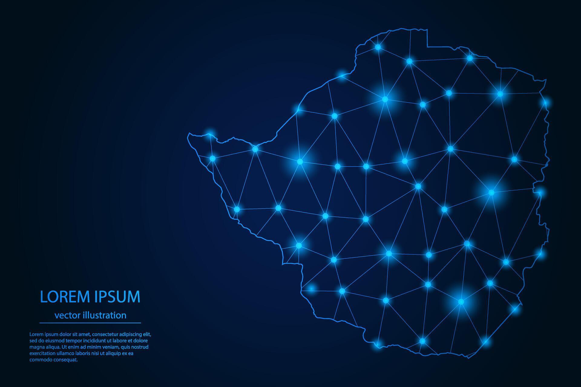 Abstract Image Zimbabwe Map With Blue Glow Dots And Lines On Dark