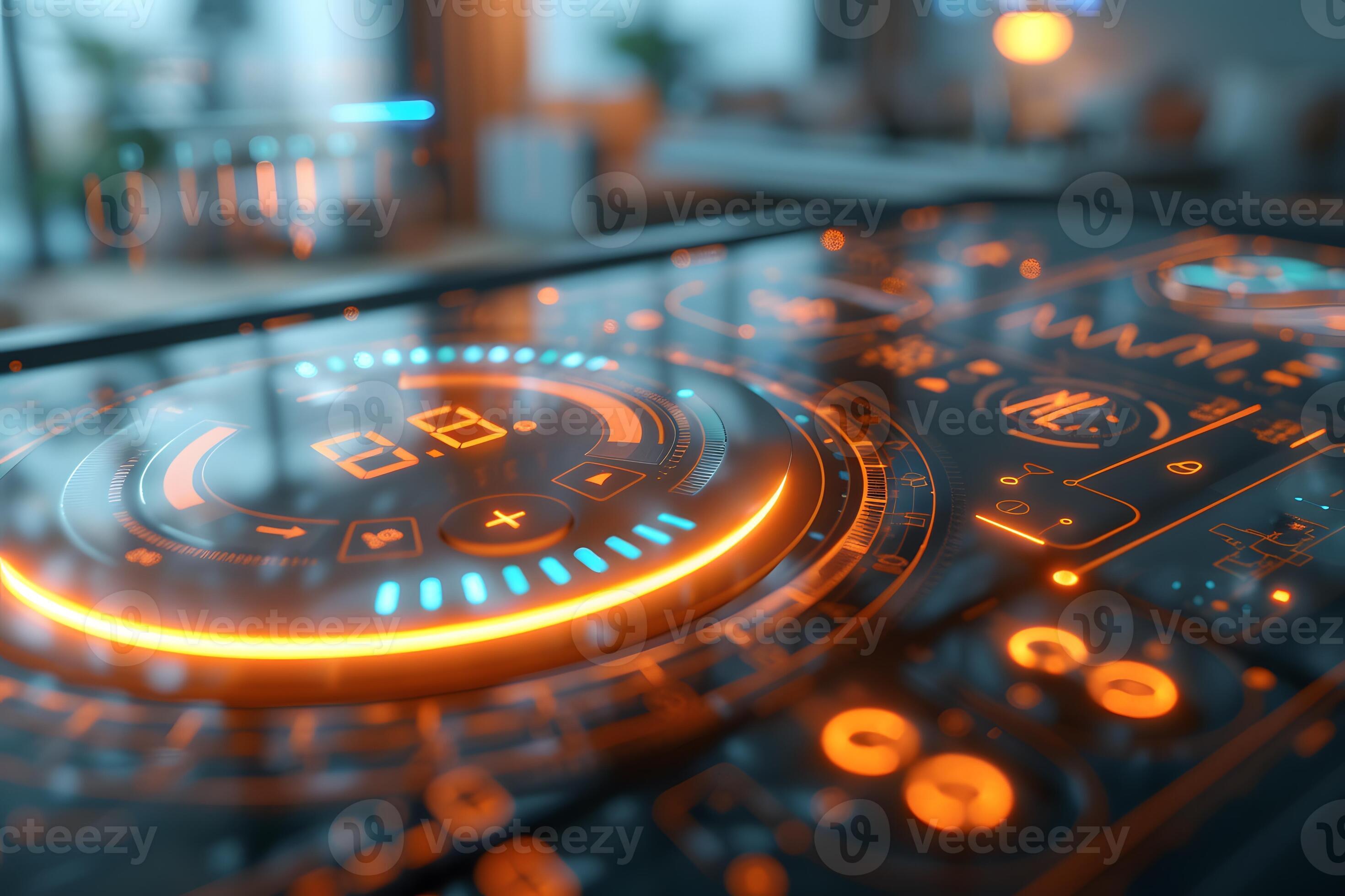 A close up of a futuristic electronic device with glowing buttons ...