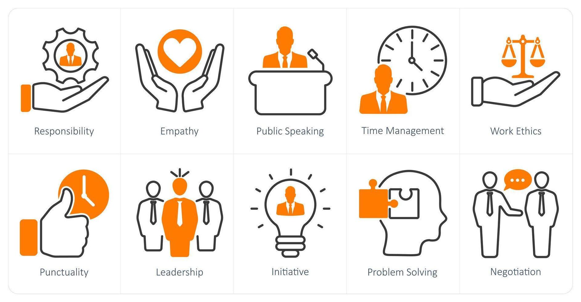 A set of 10 soft skills icons as responsibility, empathy, public ...