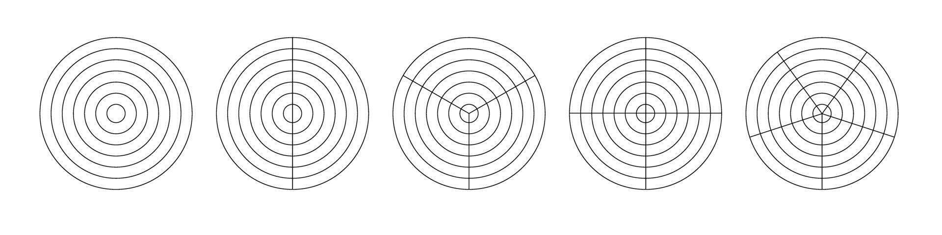 Polar grid concentric circles and steps. Blank polar graph paper. Radar circular graph screen ...