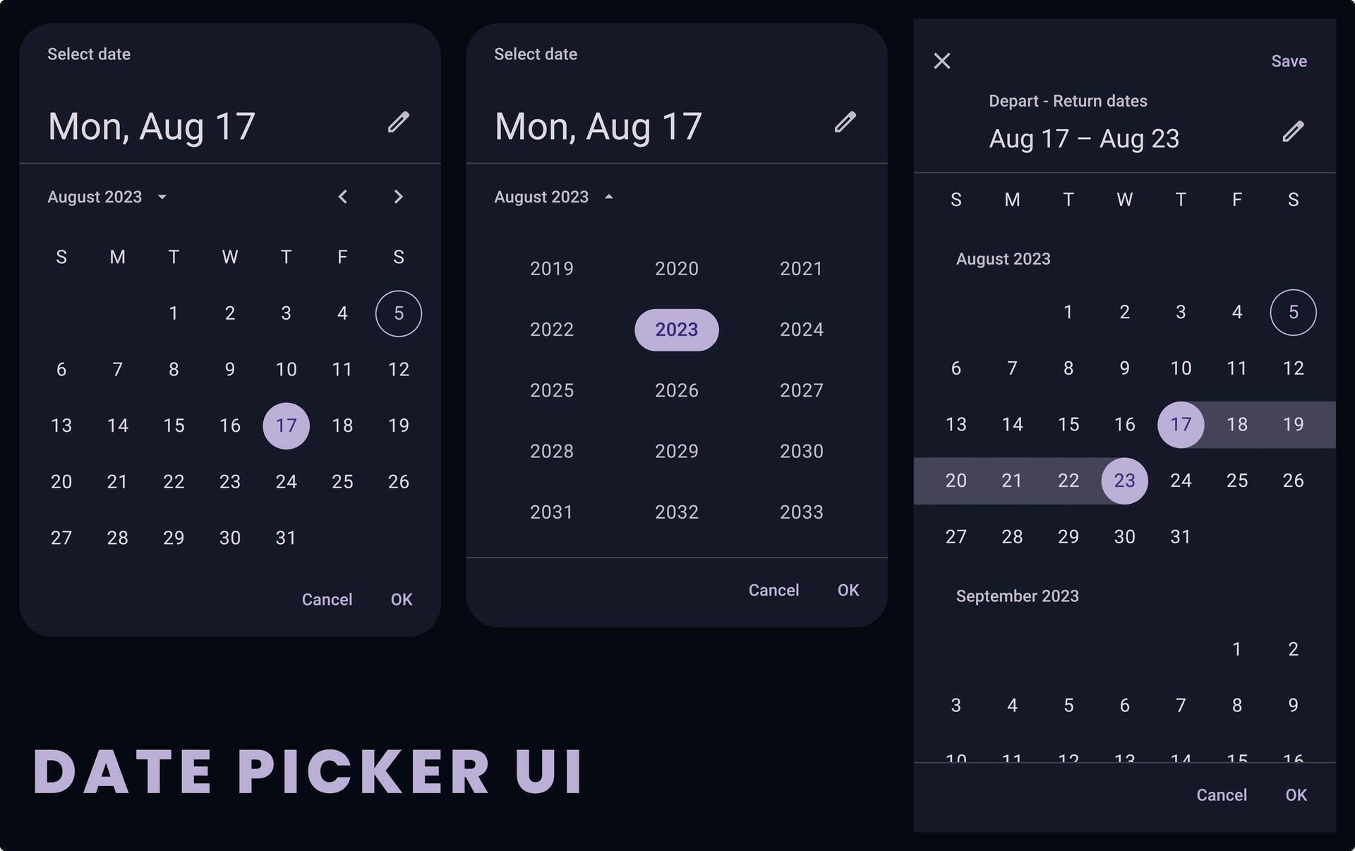 Modal Date Picker mobile component for dark UI. Calendar schedule ...