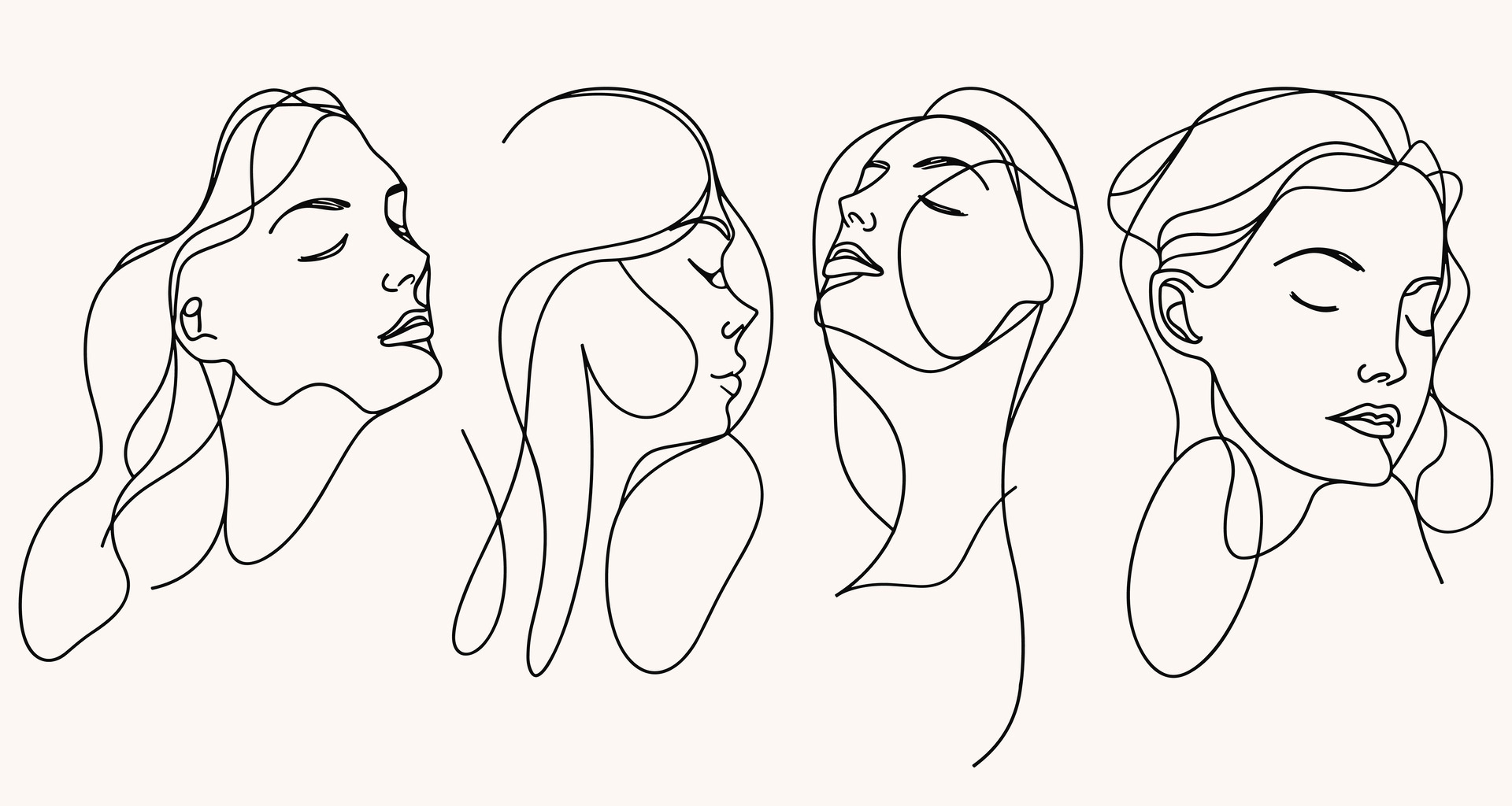 Set Of Outline Portraits Women Simple Minimalist Illustration Of