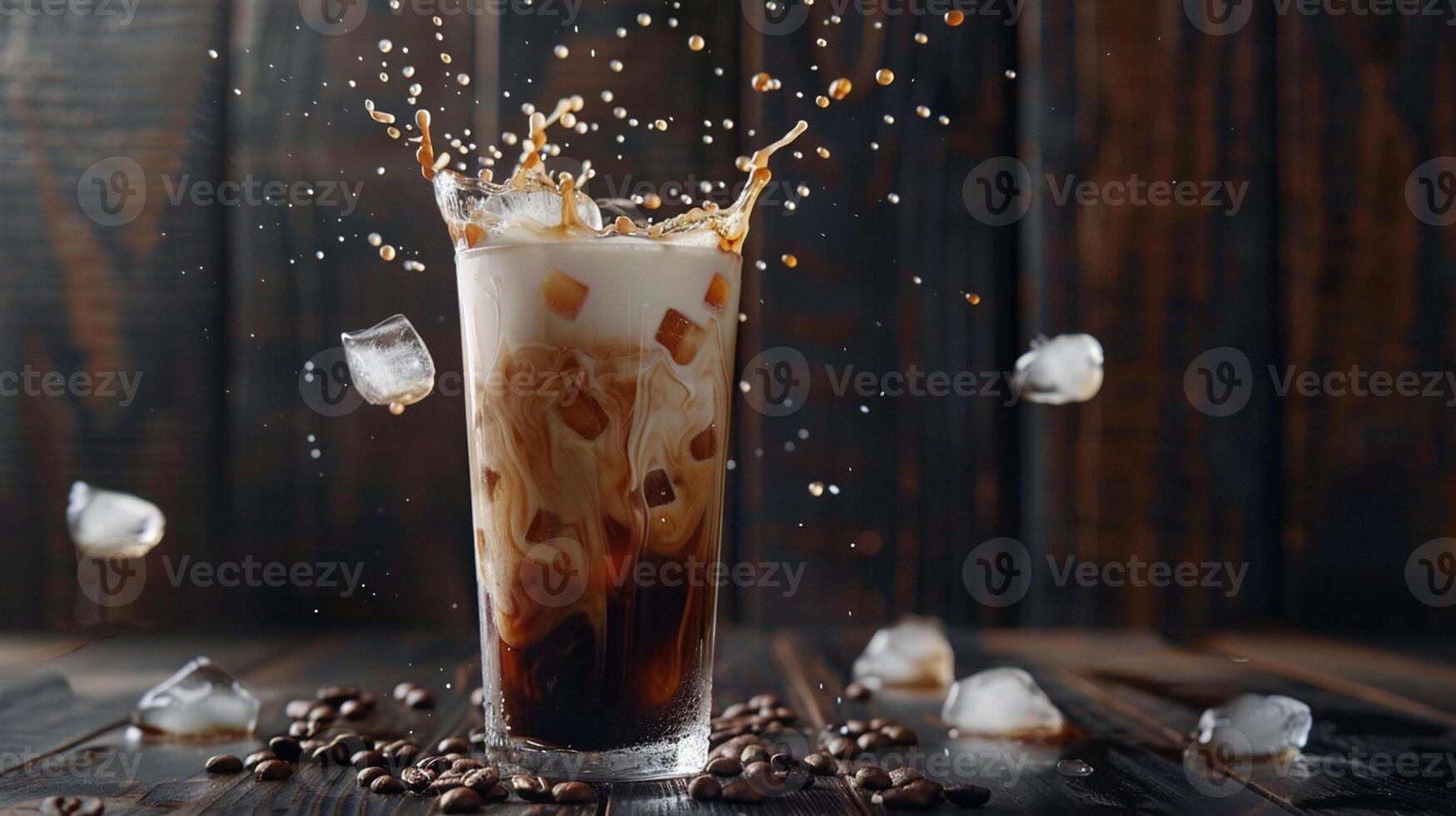 Splash of Iced Coffee with milk in Tall Glass on Dark wood background. Concept Refreshing Summer ...