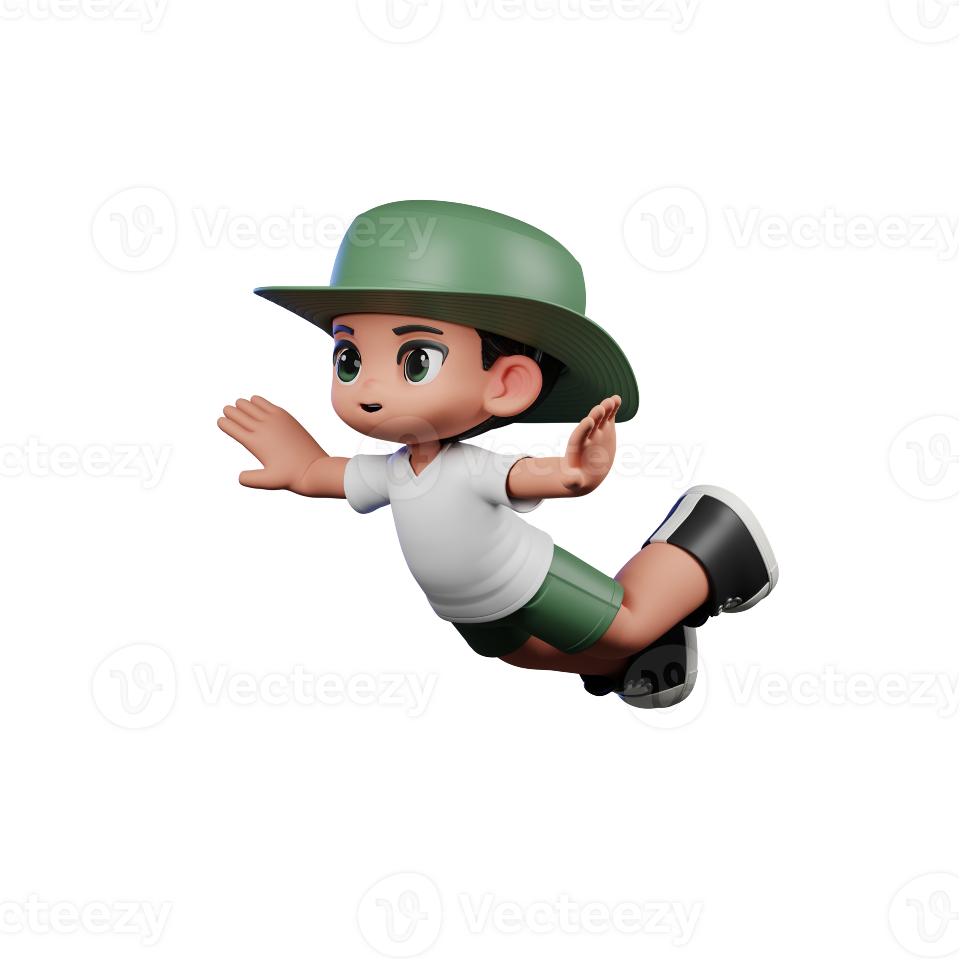 3d Cartoon Character In A Green Hat And White Shirt Flying Pose 46301056 Png