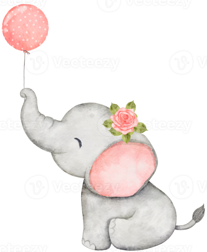 Watercolor baby elephant holding balloon. African baby animal for baby ...