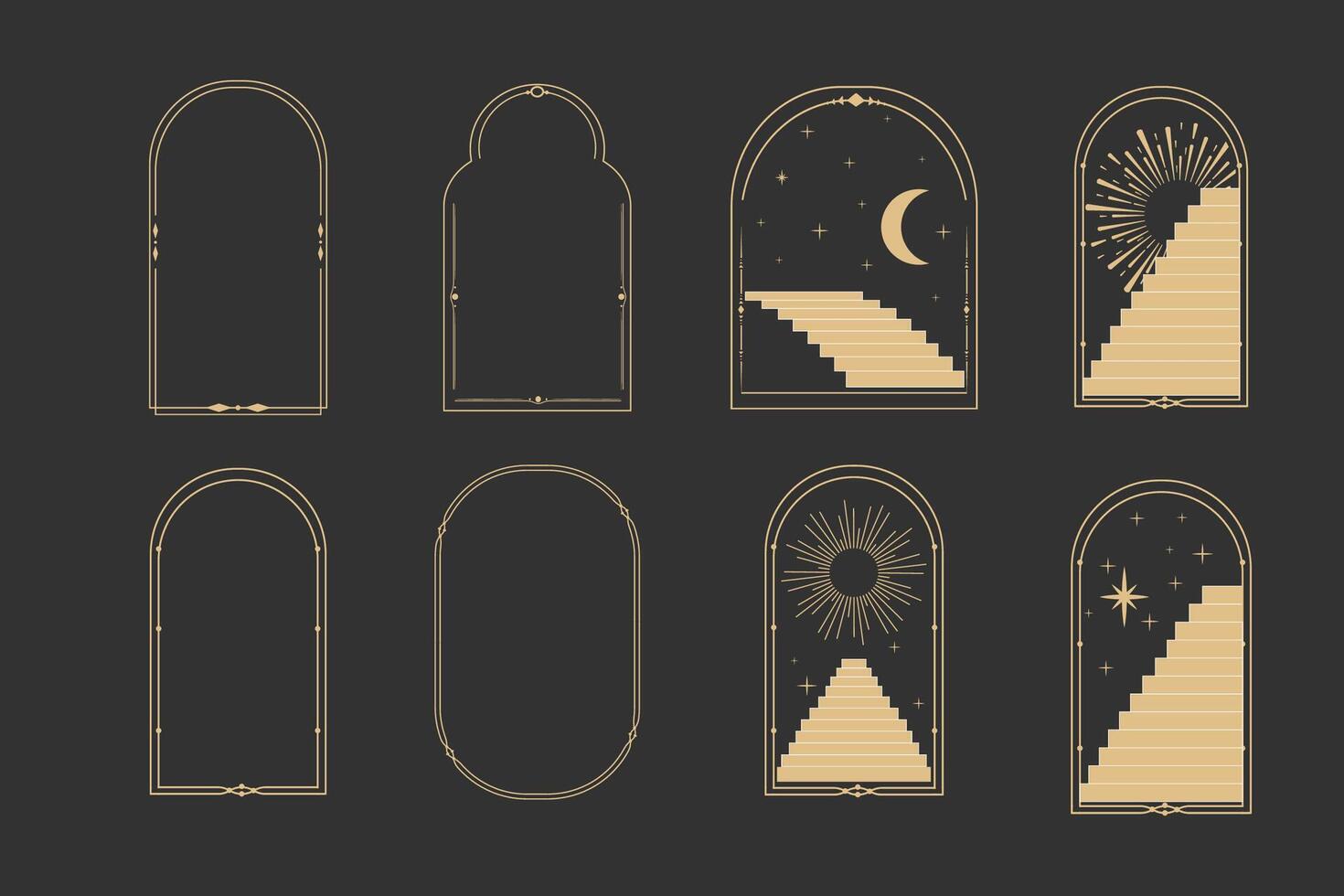 Set celestial arch window line frame, mystic with stairs, astrology symbols moon and sun, line ...