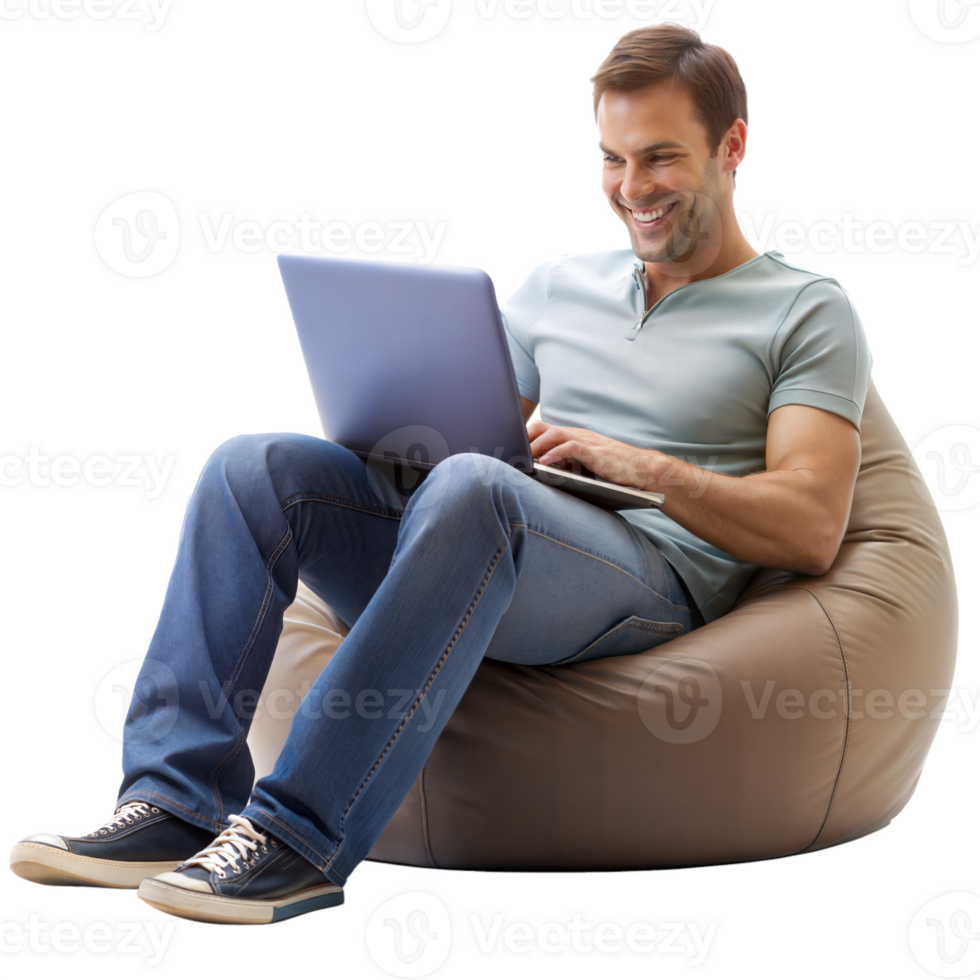 Smiling Man Using Laptop While Sitting On Bean Bag Chair 46320981 Png