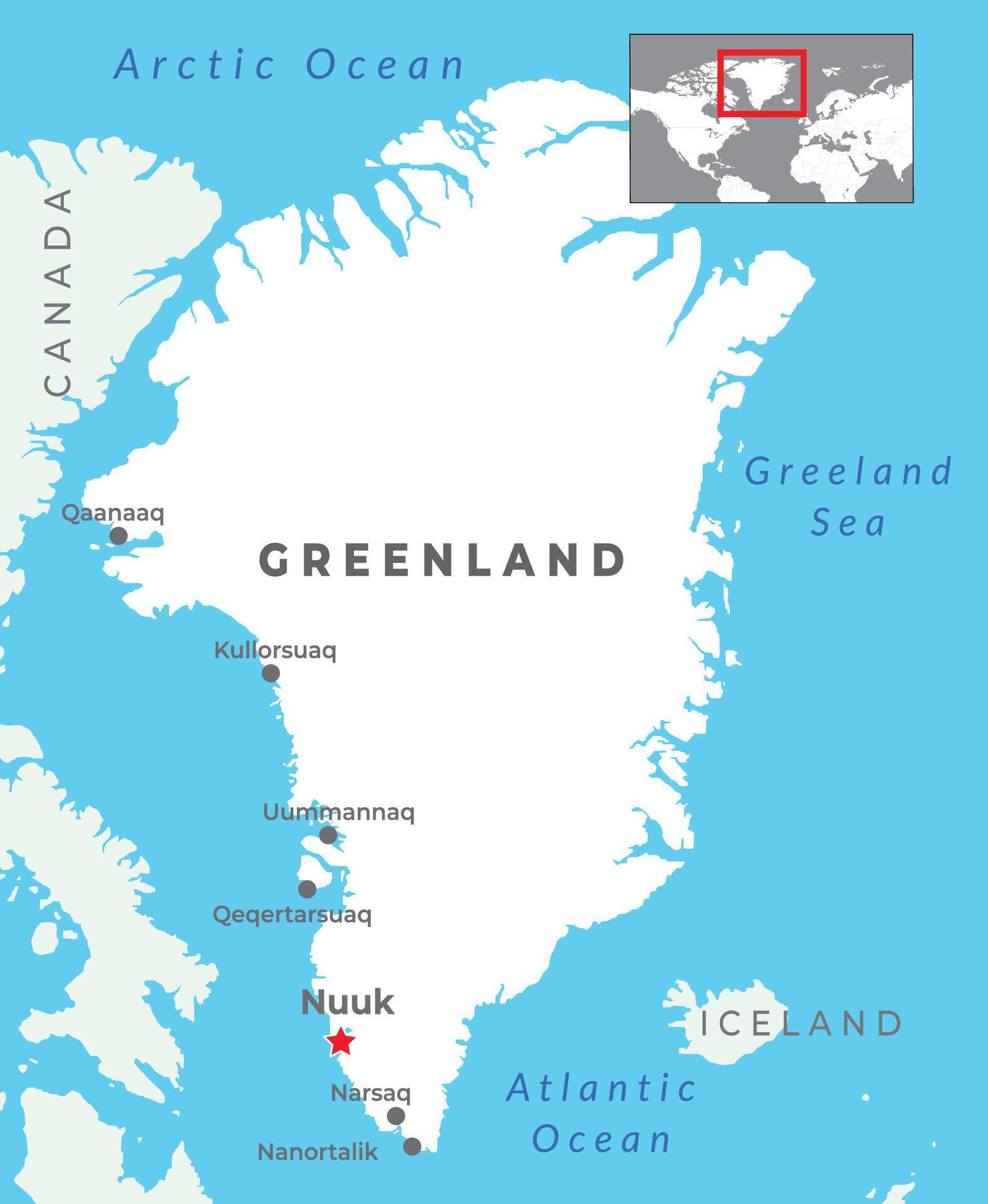 Greenland Political Map with capital Nuuk with most important cities ...