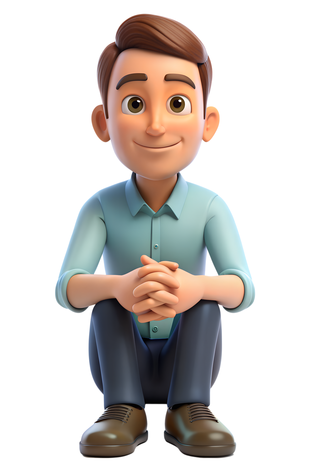 3d Cartoon Style Illustration Of A Man Sitting With His Hands Clasped Together And Smiling