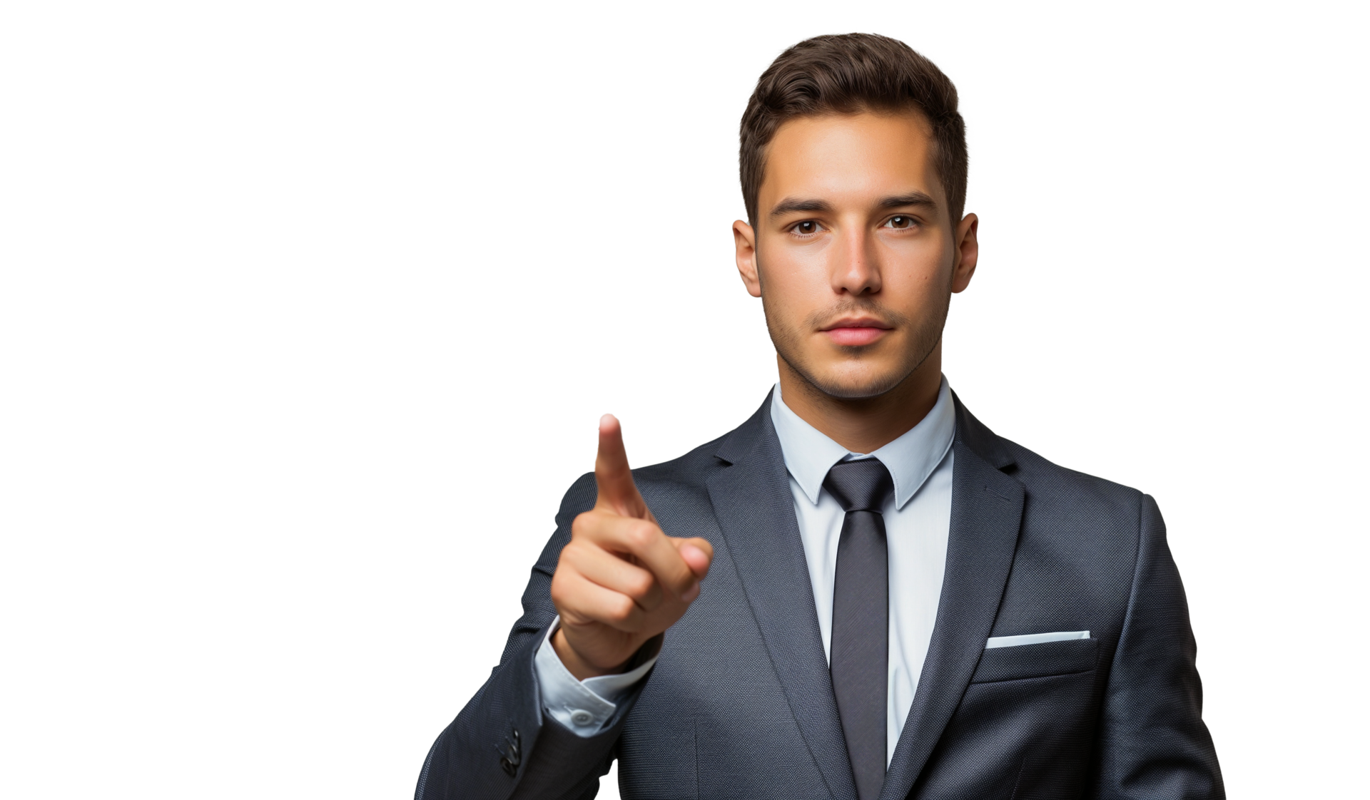 A young businessman in a professional attire touching an invisible ...