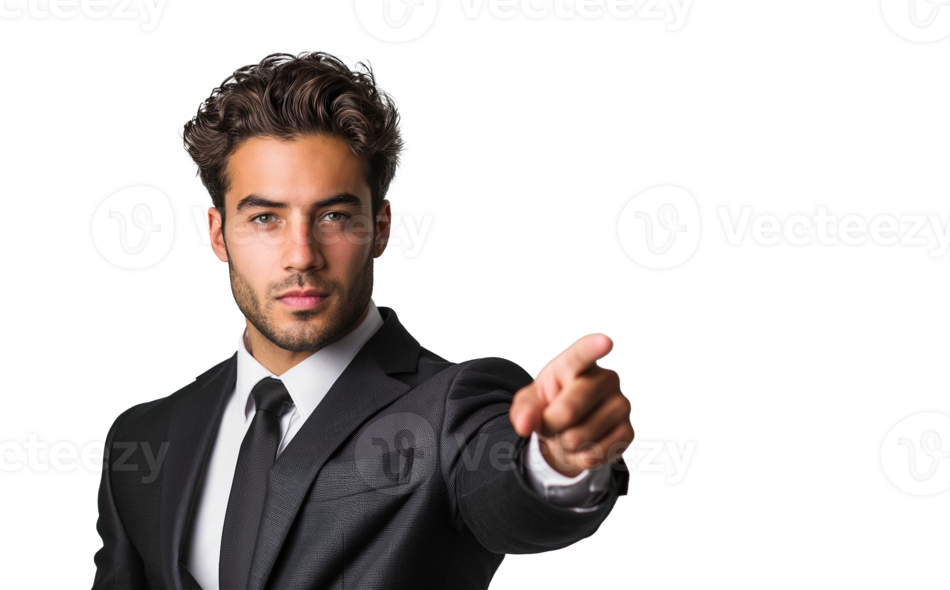 A young businessman in a sharp suit confidently pointing forward with ...