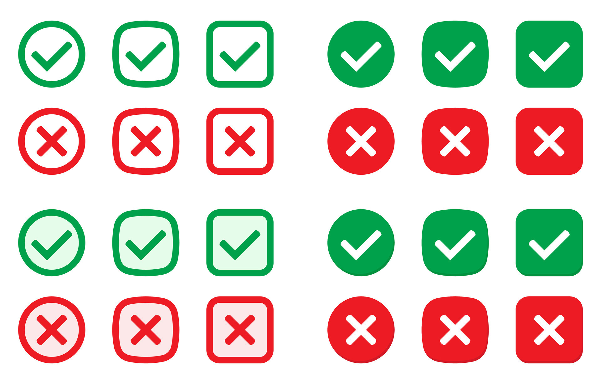 Right or wrong icons. Green tick and red cross checkmarks. Yes or no symbol, approved or ...