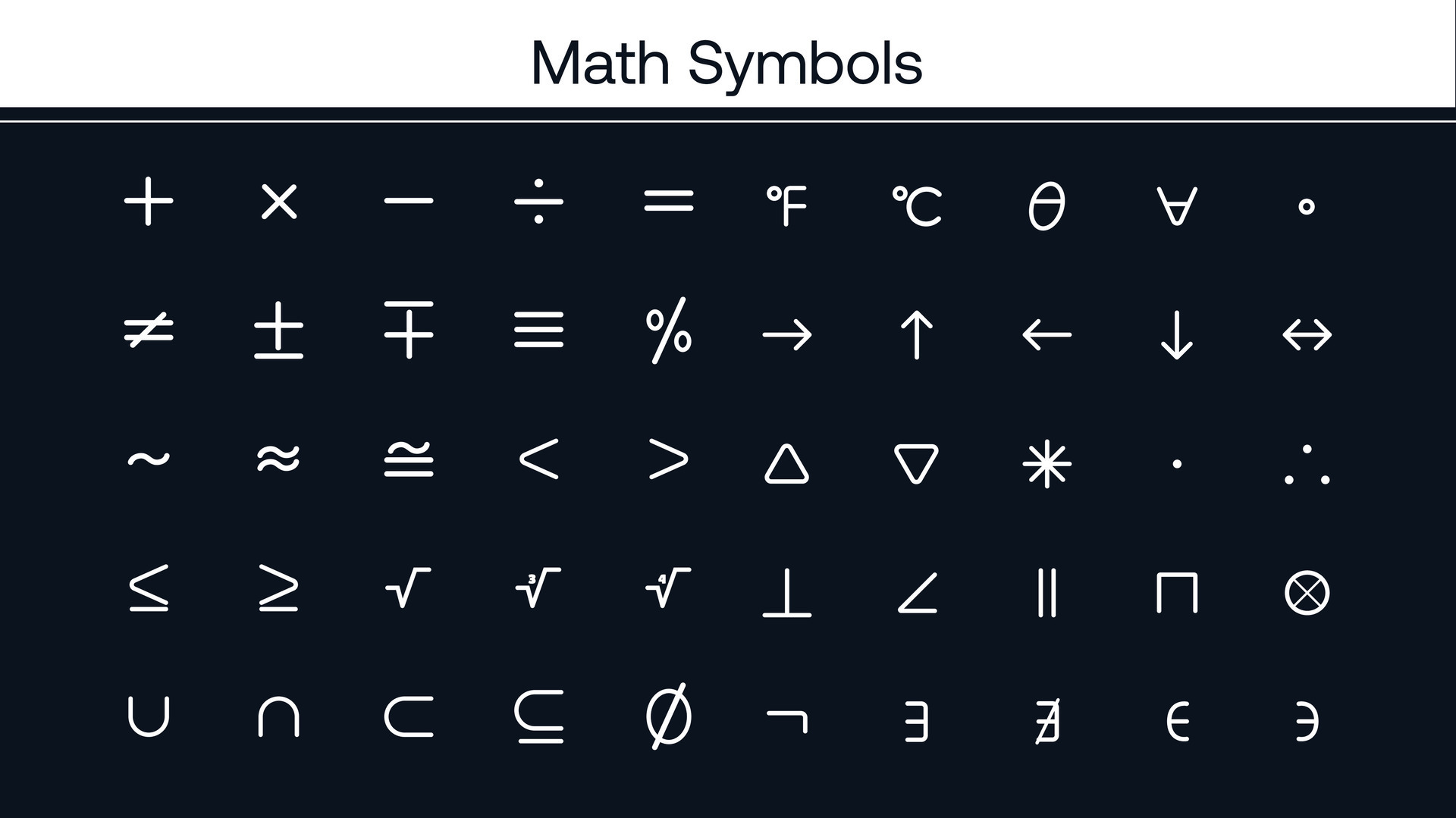 Mathematical symbols, math symbols, plus, minus, division, set, union ...