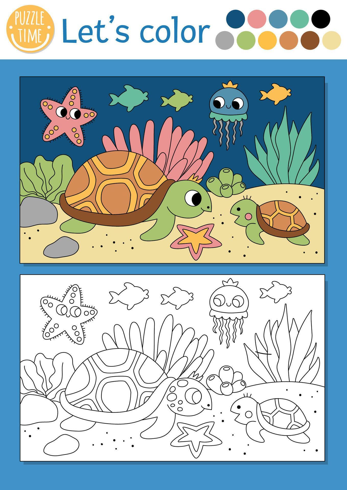 Under the sea coloring page for children with tortoise underwater scene ...