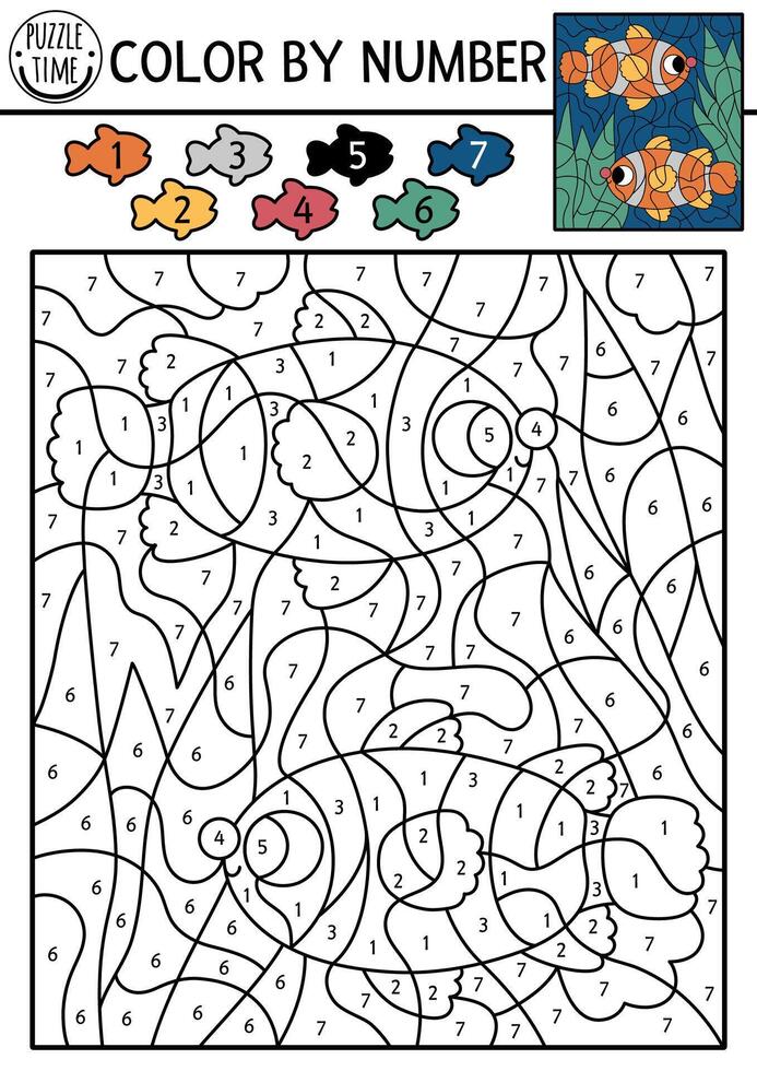 under the sea color by number activity with clownfish and seaweeds ...