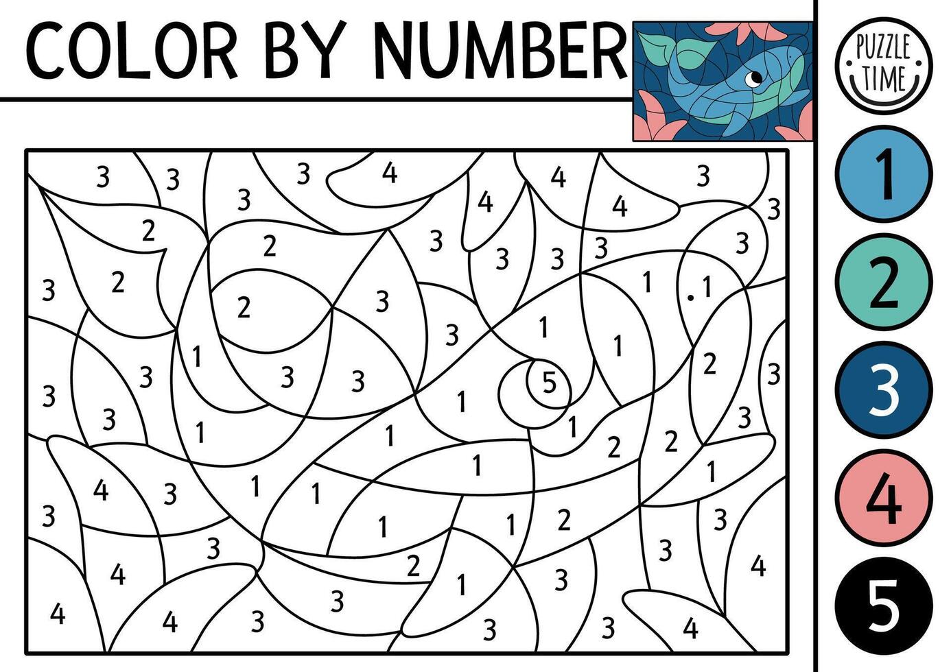 under the sea color by number activity with whale and seaweeds. Ocean ...