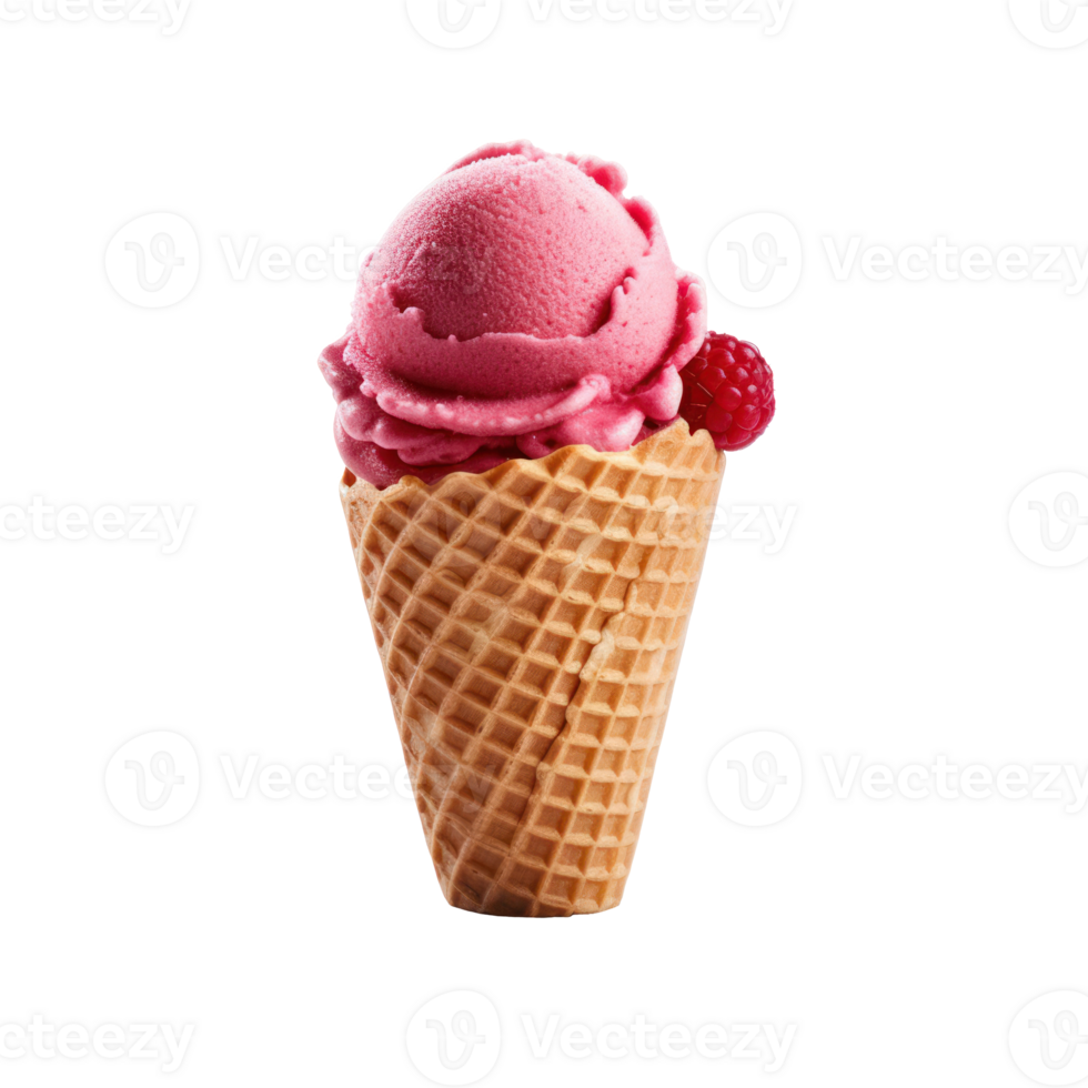 Raspberry Sorbet Ice Cream In Waffle Cone With Fresh Raspberry On