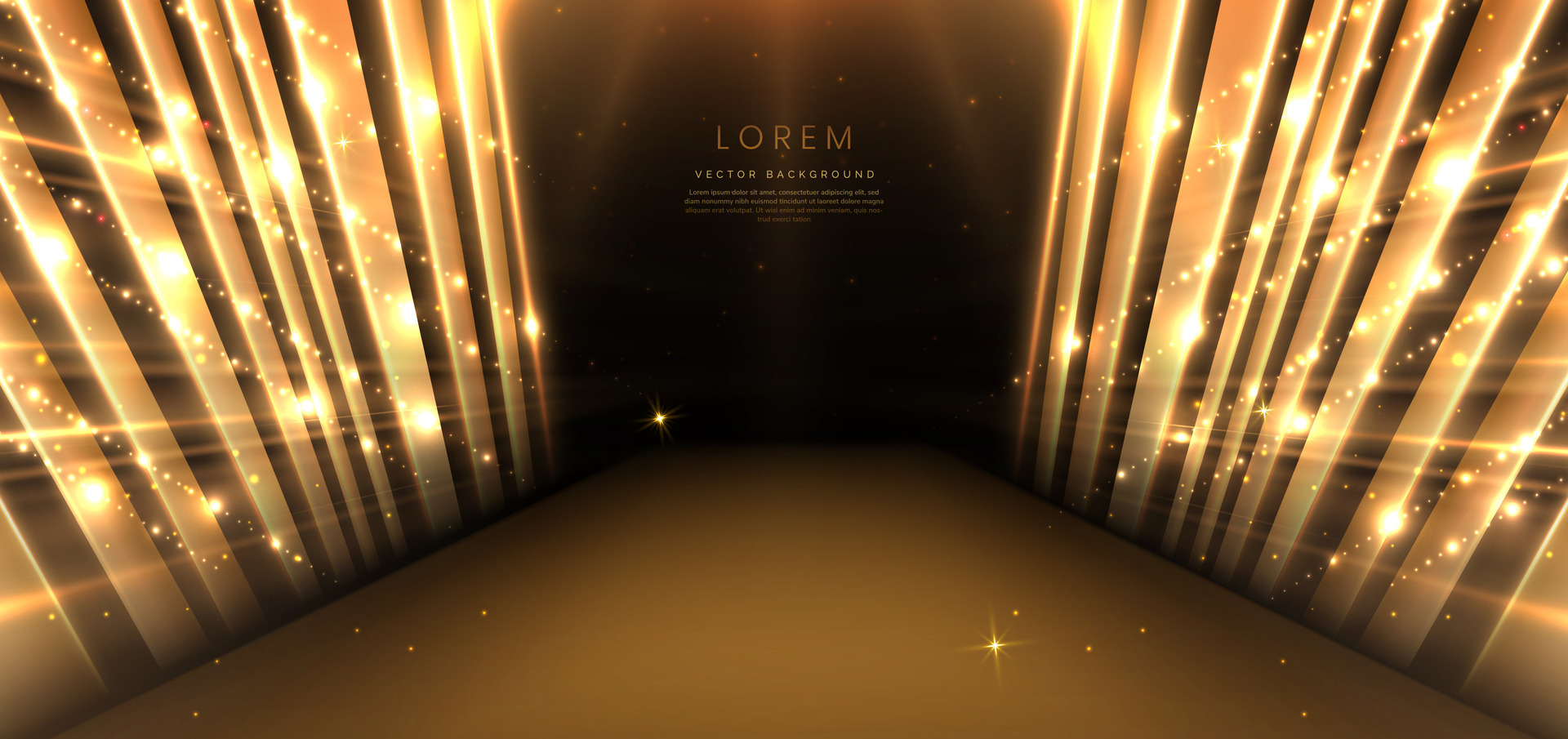 Elegant golden scene diagonal glowing with lighting effect sparkle on black background. Template ...