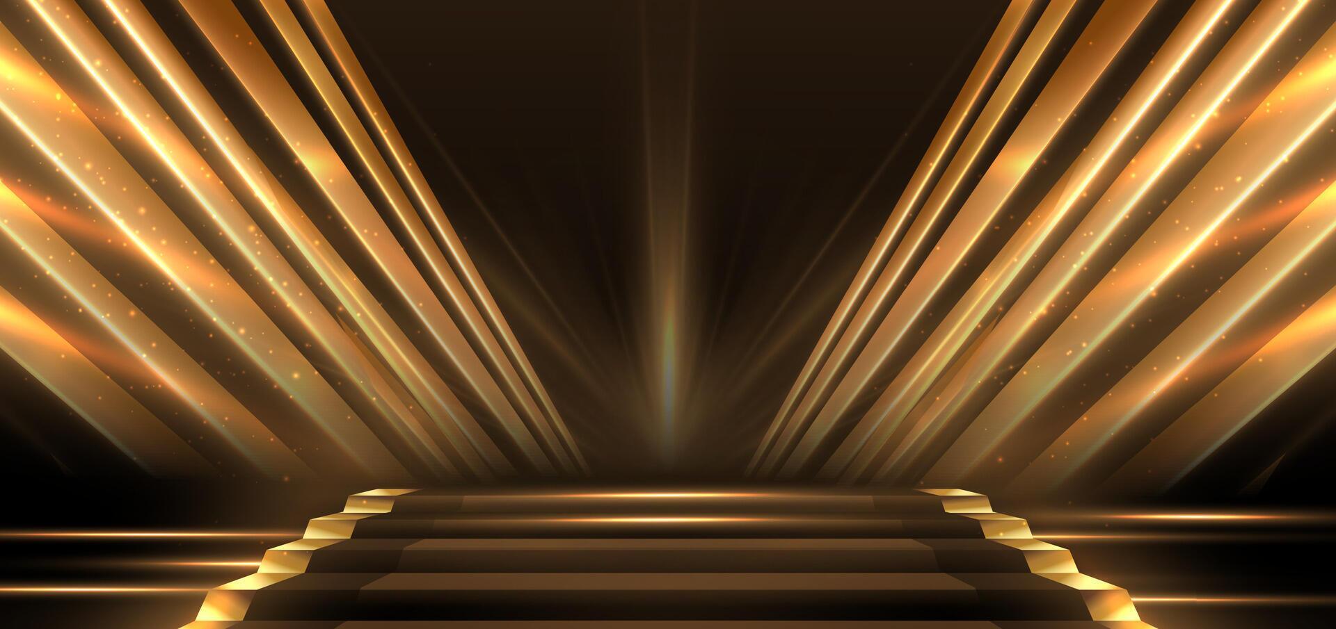 Elegant golden stage diagonal glowing with lighting effect sparkle on black background. Template ...