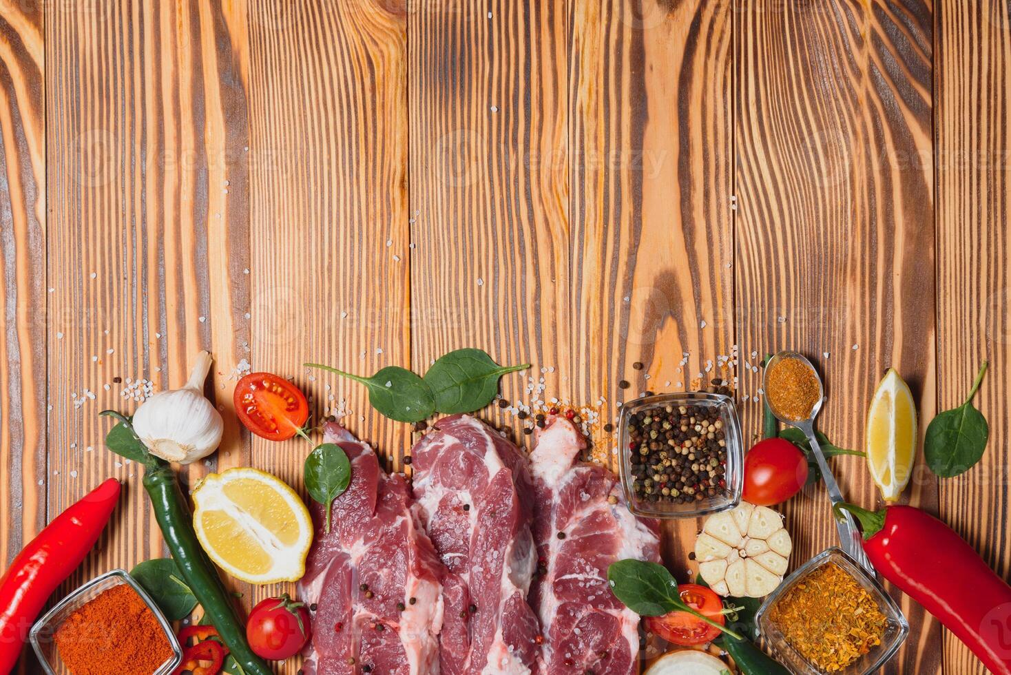 Raw Pork Chop Steak Prepare In Kitchen With Vegetable And Spices For
