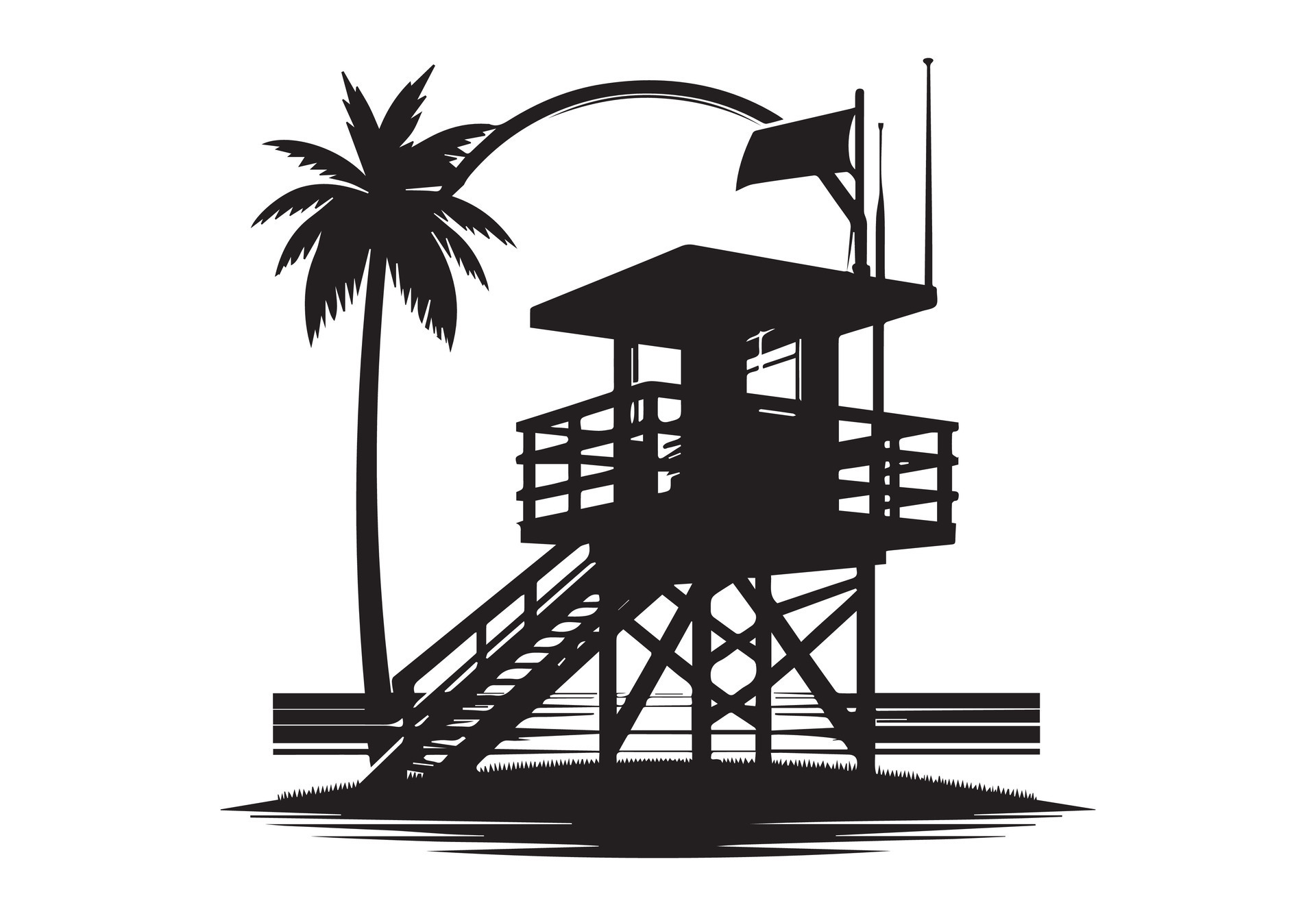 silhouette of a lifeguard tower in black on a white background ...