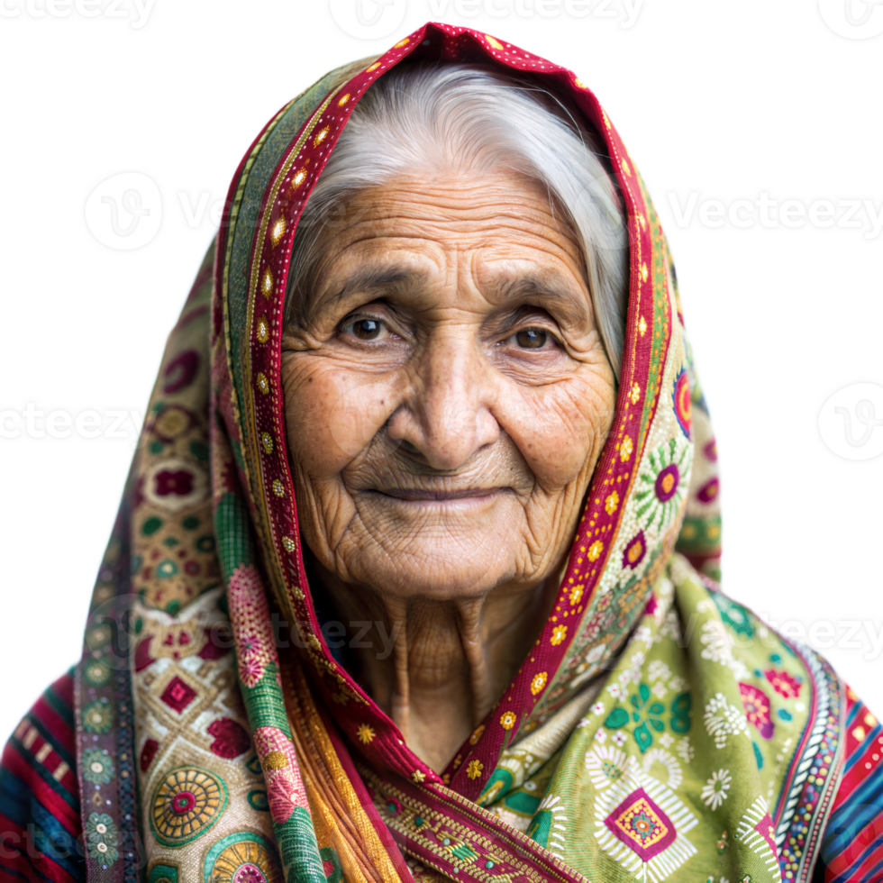 Close Up Portrait Of An Elderly Indian Woman Wearing A Traditional Sari