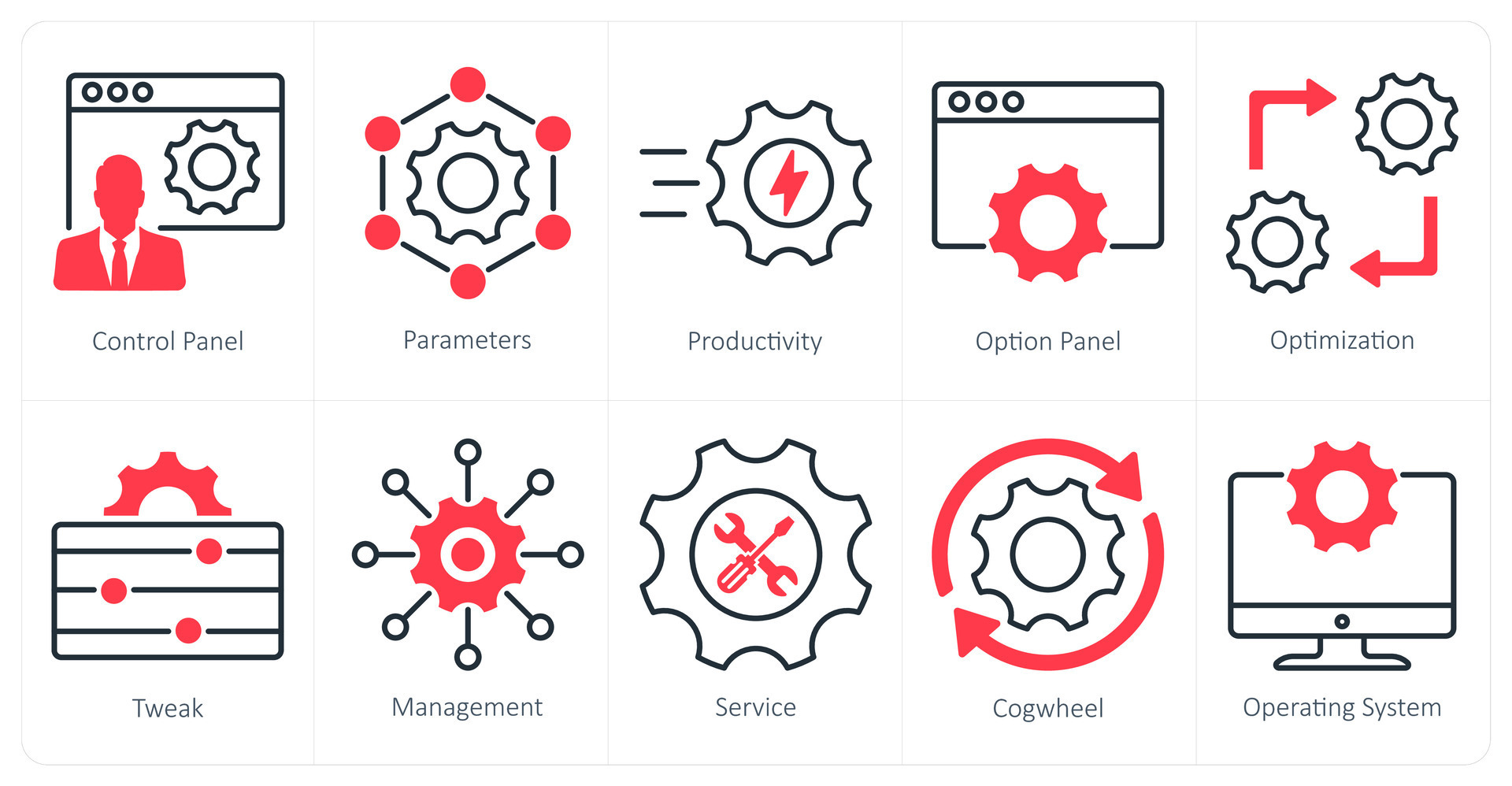 A Set Of 10 Settings And Configuration Icons As Control Panel