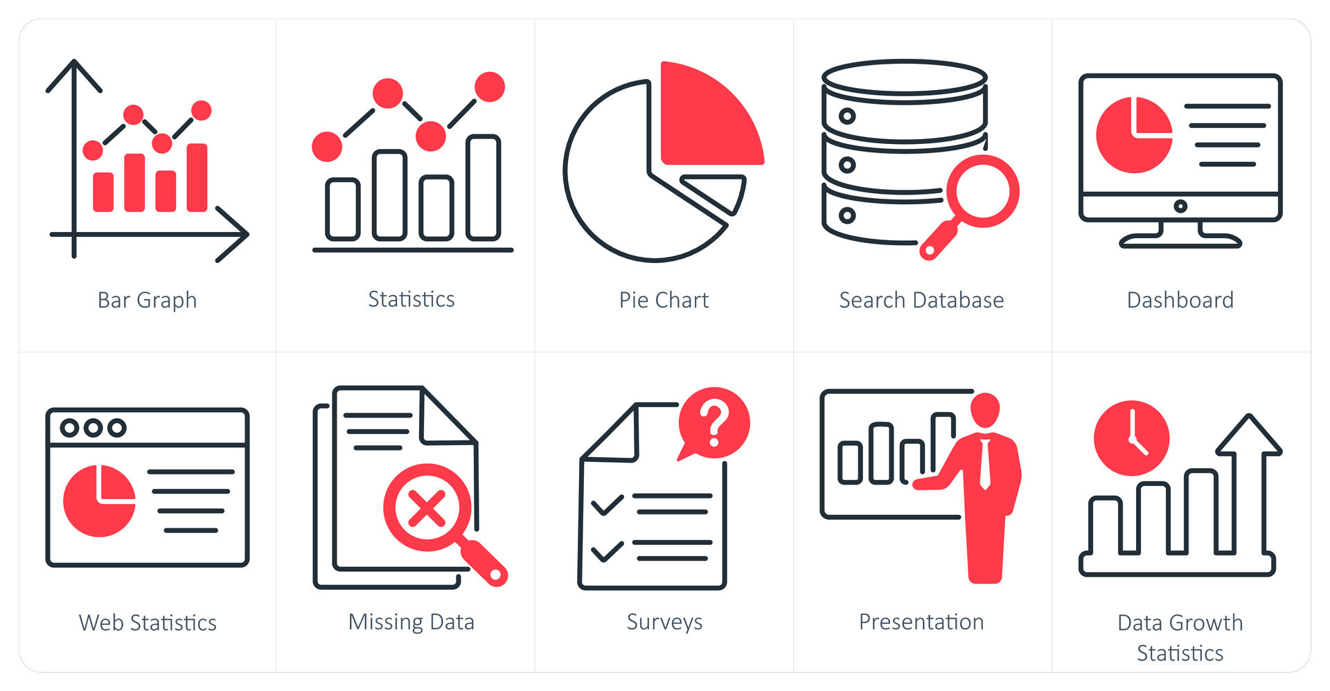A set of 10 statistics icons as bar graph, statistics, pie chart ...