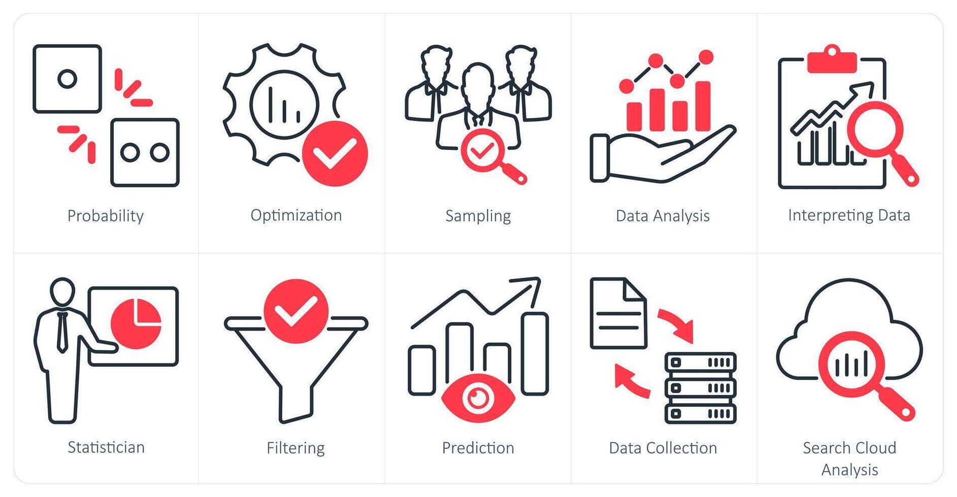A set of 10 statistics icons as probability, optimization, sampling ...