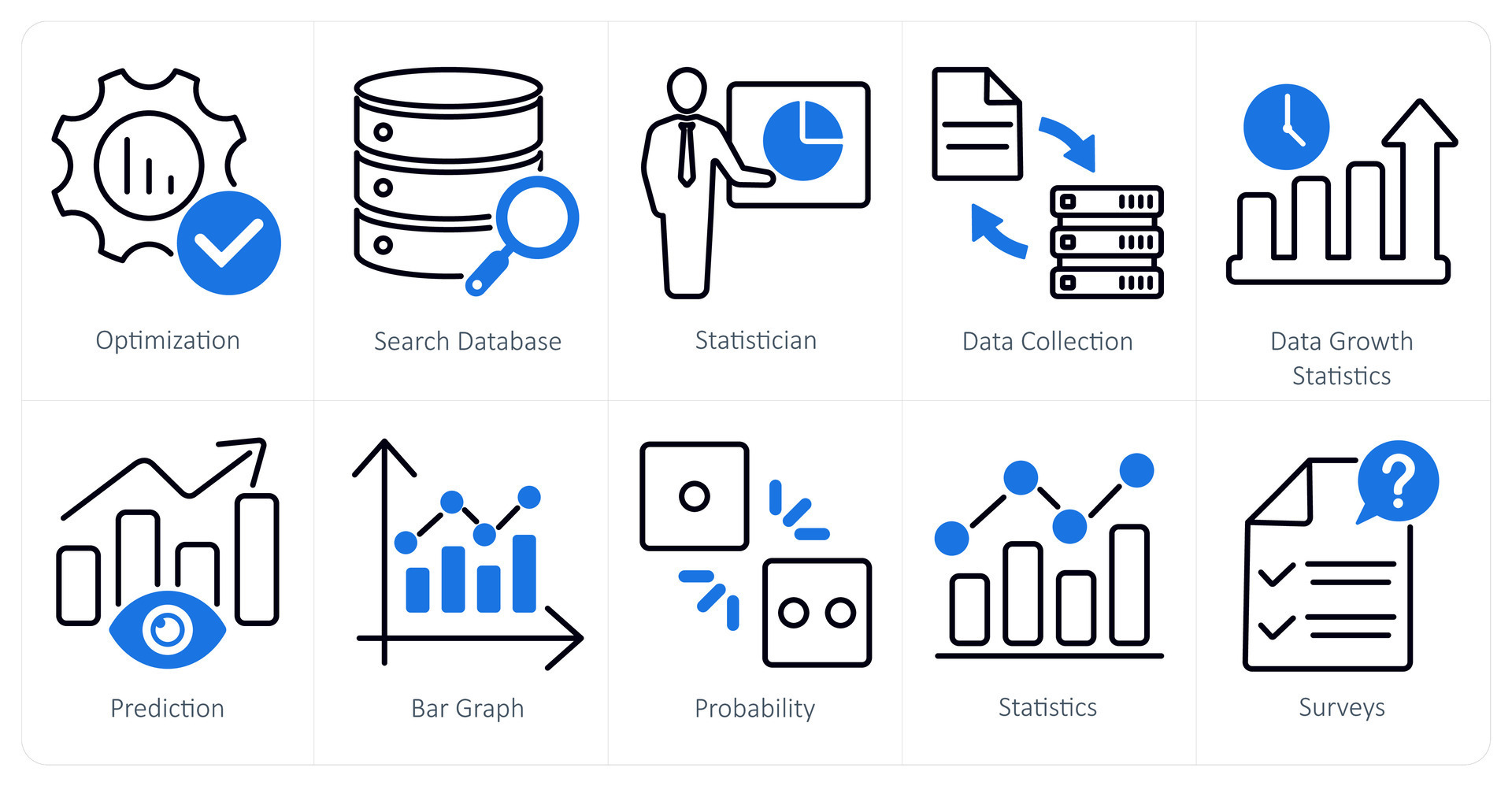 A set of 10 statistics icons as optimization, search database ...