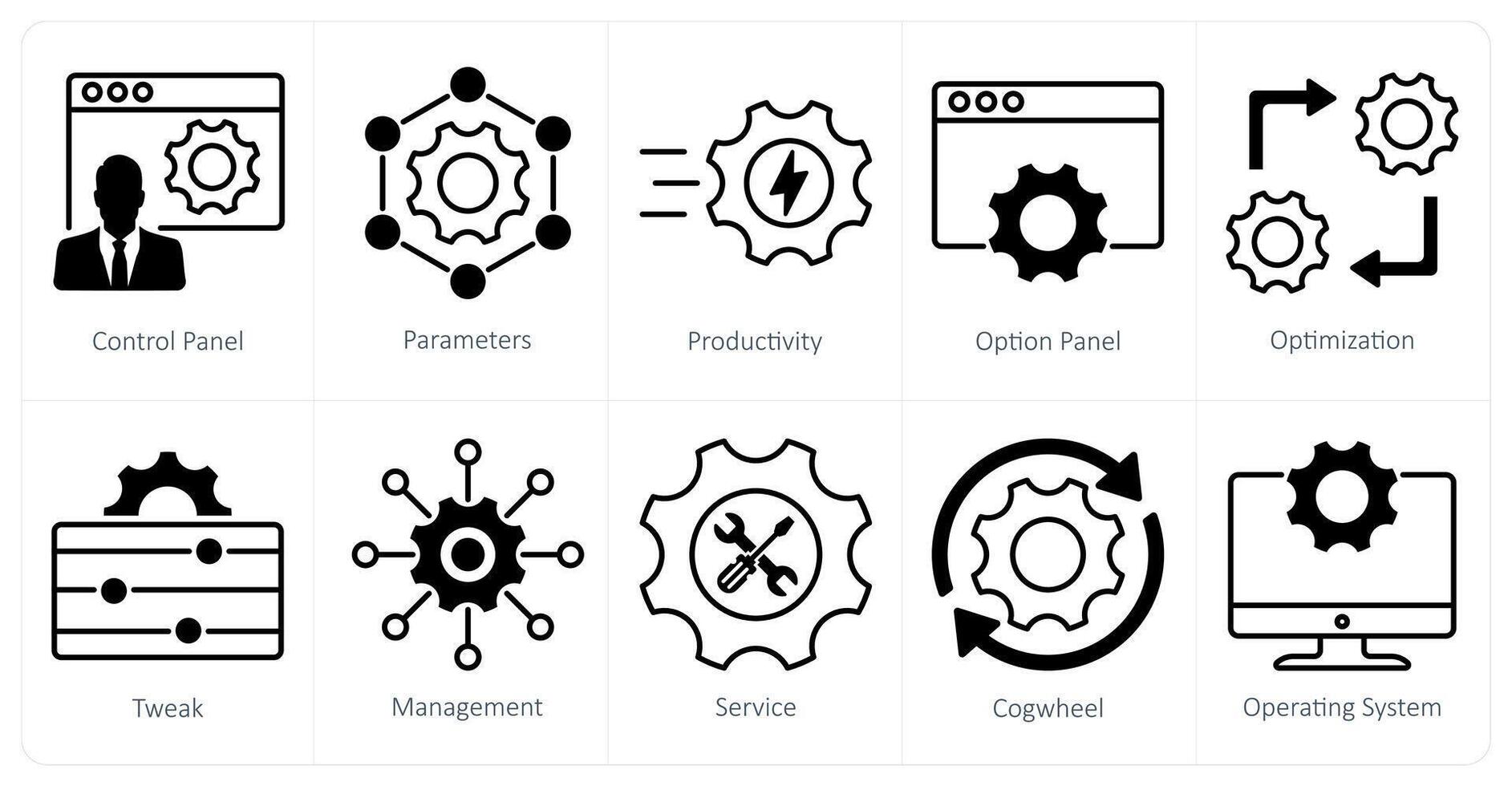 A set of 10 settings and configuration icons as control panel ...