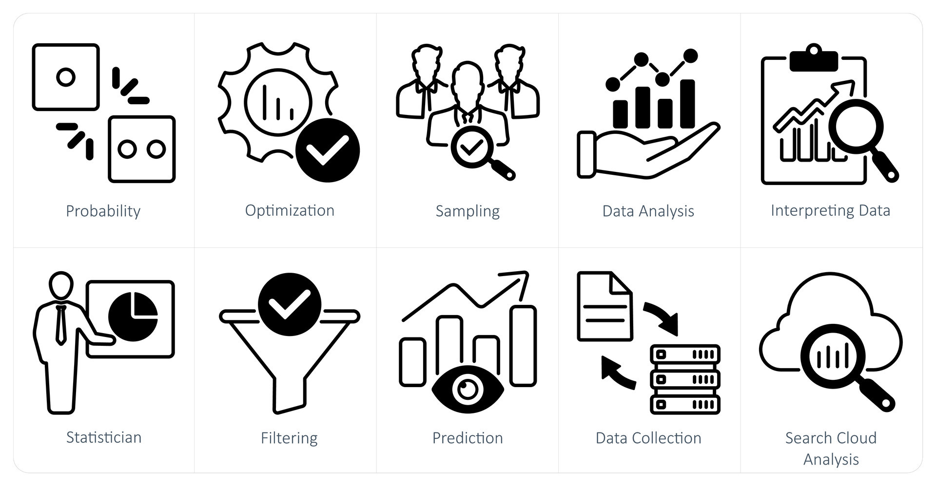 A set of 10 statistics icons as probability, optimization, sampling ...