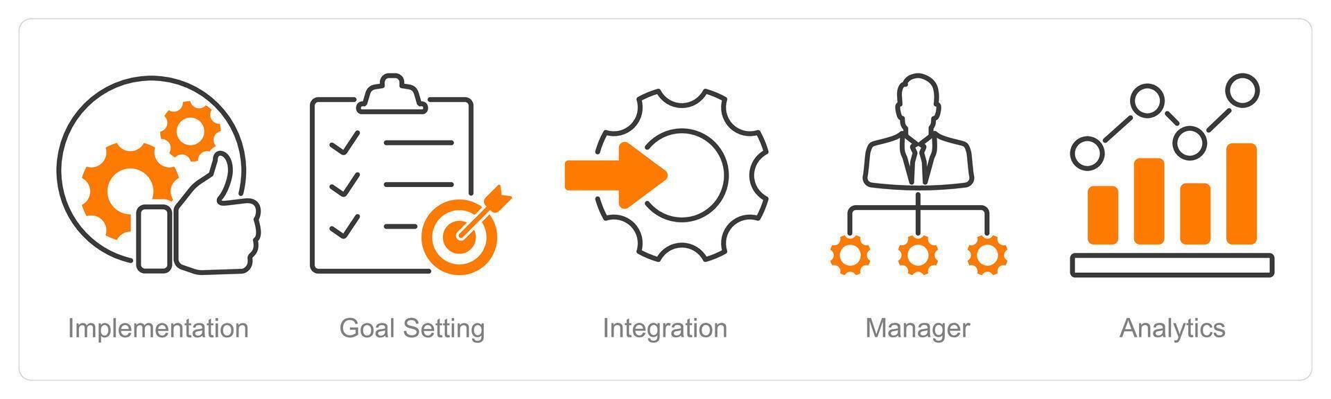 A set of 5 Project Management icons as implementation, goal setting ...