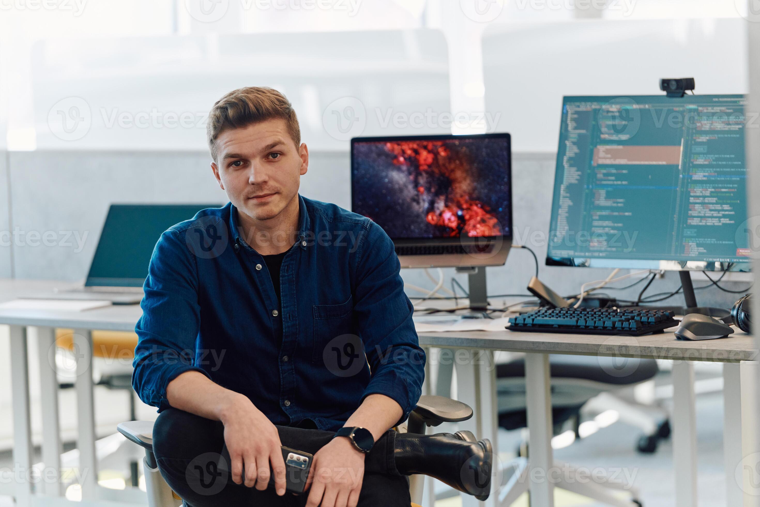 Programming. Man Working On Computer In IT Office, Sitting At Desk Writing Codes. Programmer ...